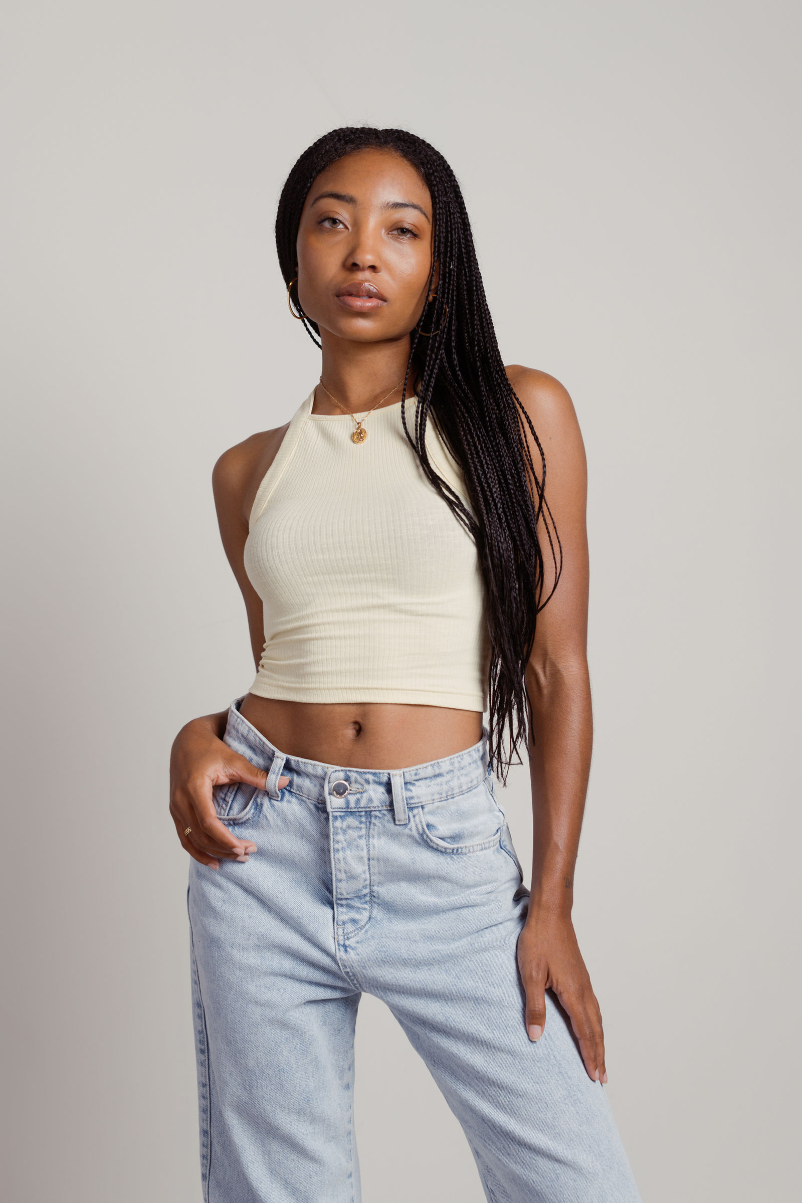 Off White Crop Top - Ribbed Halter Crop Top - High Neck Racerback Crop Top
