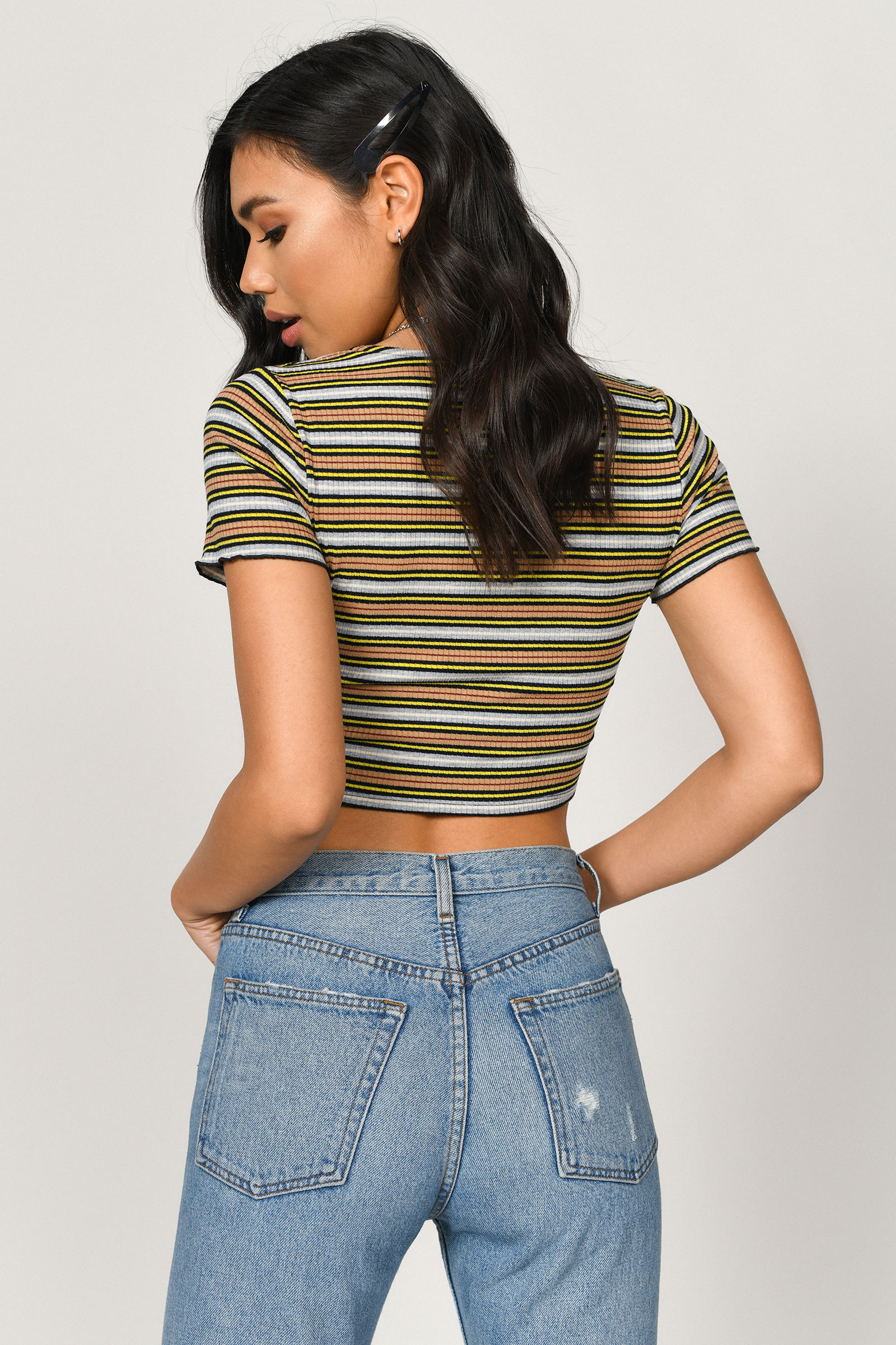 Yellow Crop Top - Short Sleeve Top - Yellow Striped Crop Top