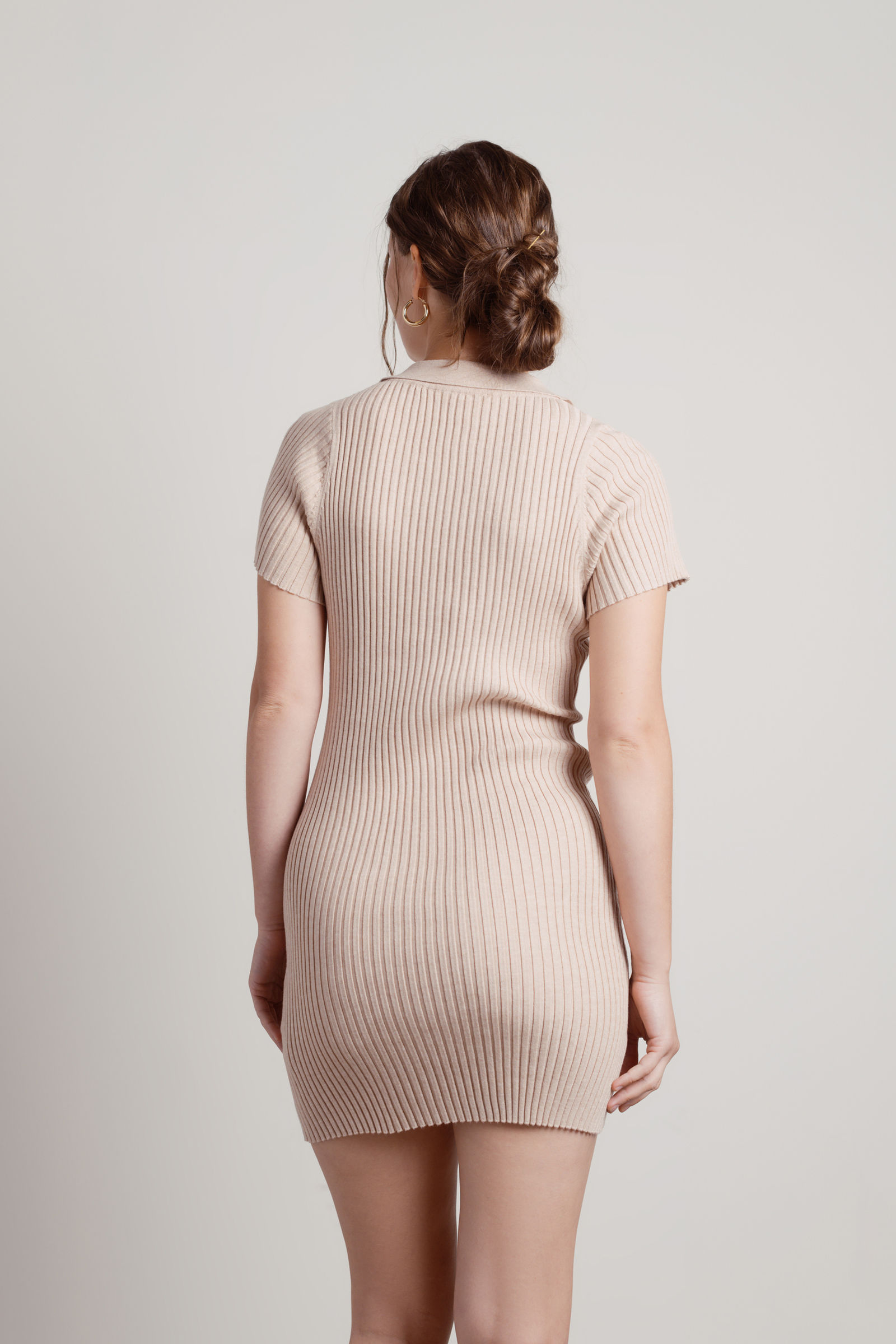 Beige Sweater Dress - Short Sleeve Dress - Ribbed Collared Dress