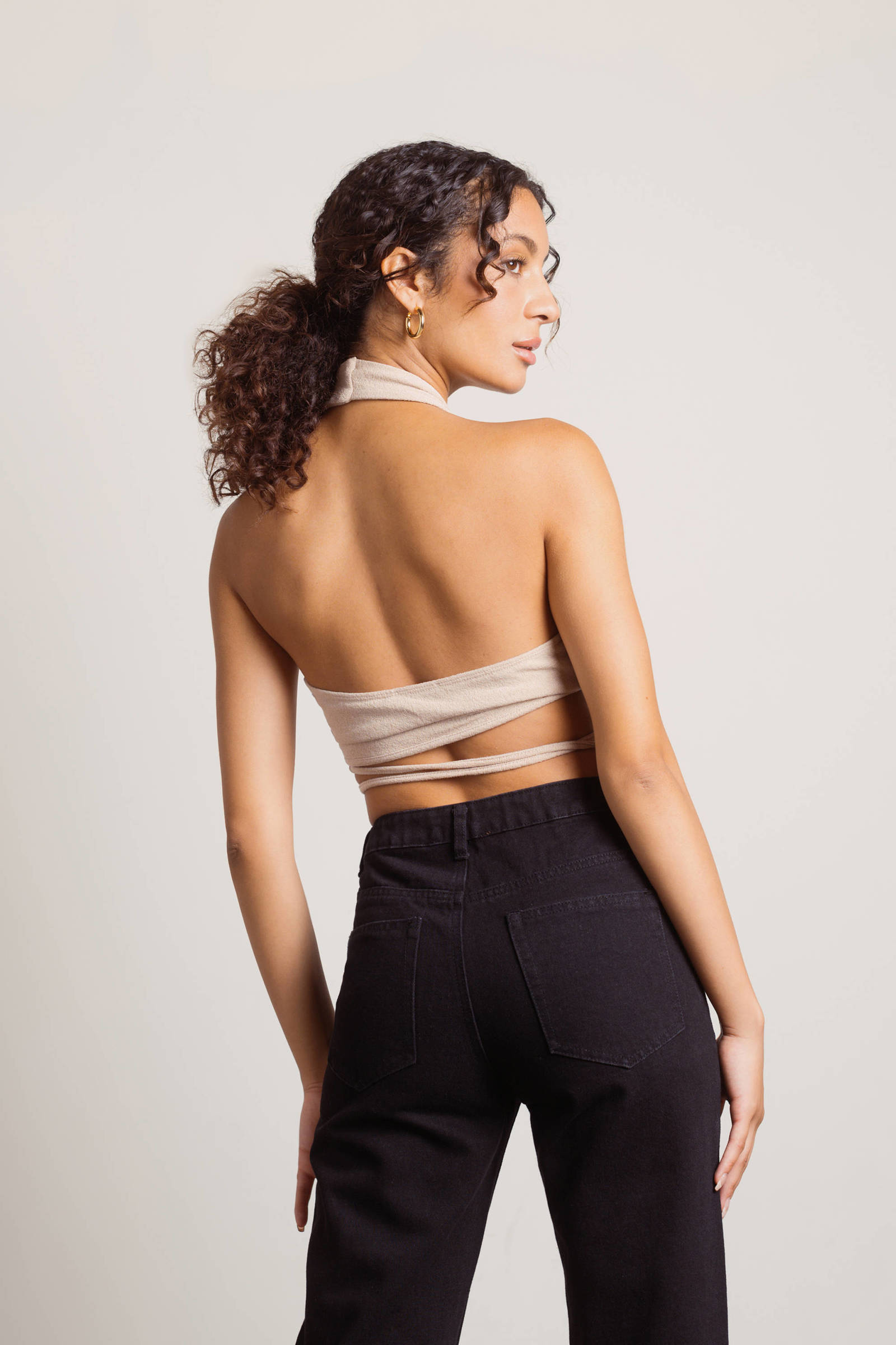Beige Keyhole Top - Chic Wrap Top - Halter Crop Top