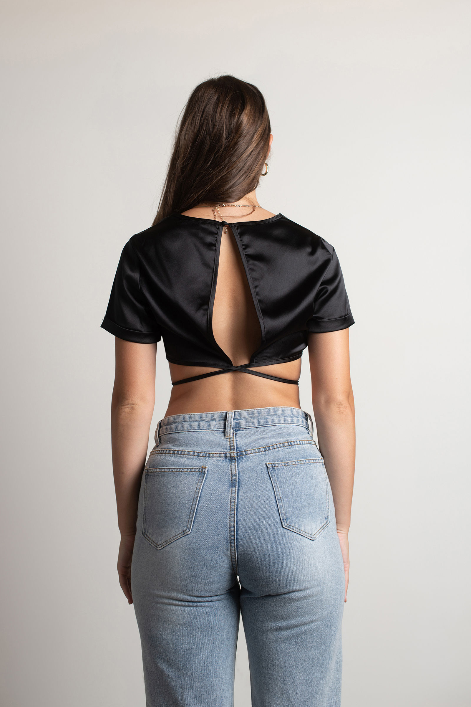 Pink Crop Top - Satin Crop Top With Cuffed Sleeves - Back Cut Out Crop Top