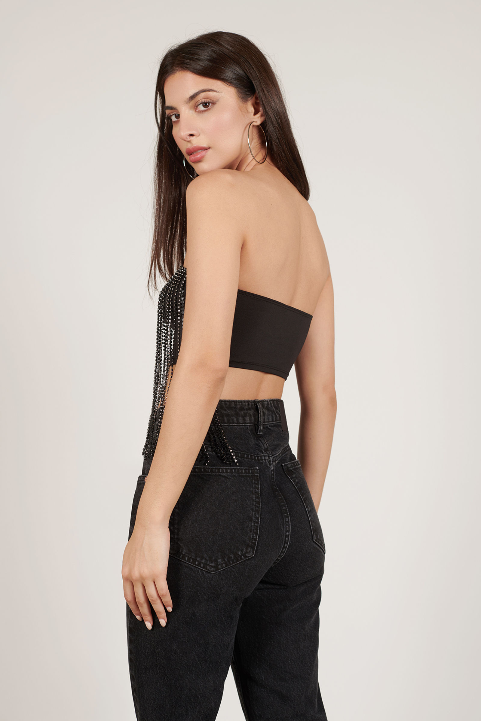 Black Tube Top - Rhinestone Fringe Tube Top - Black Top