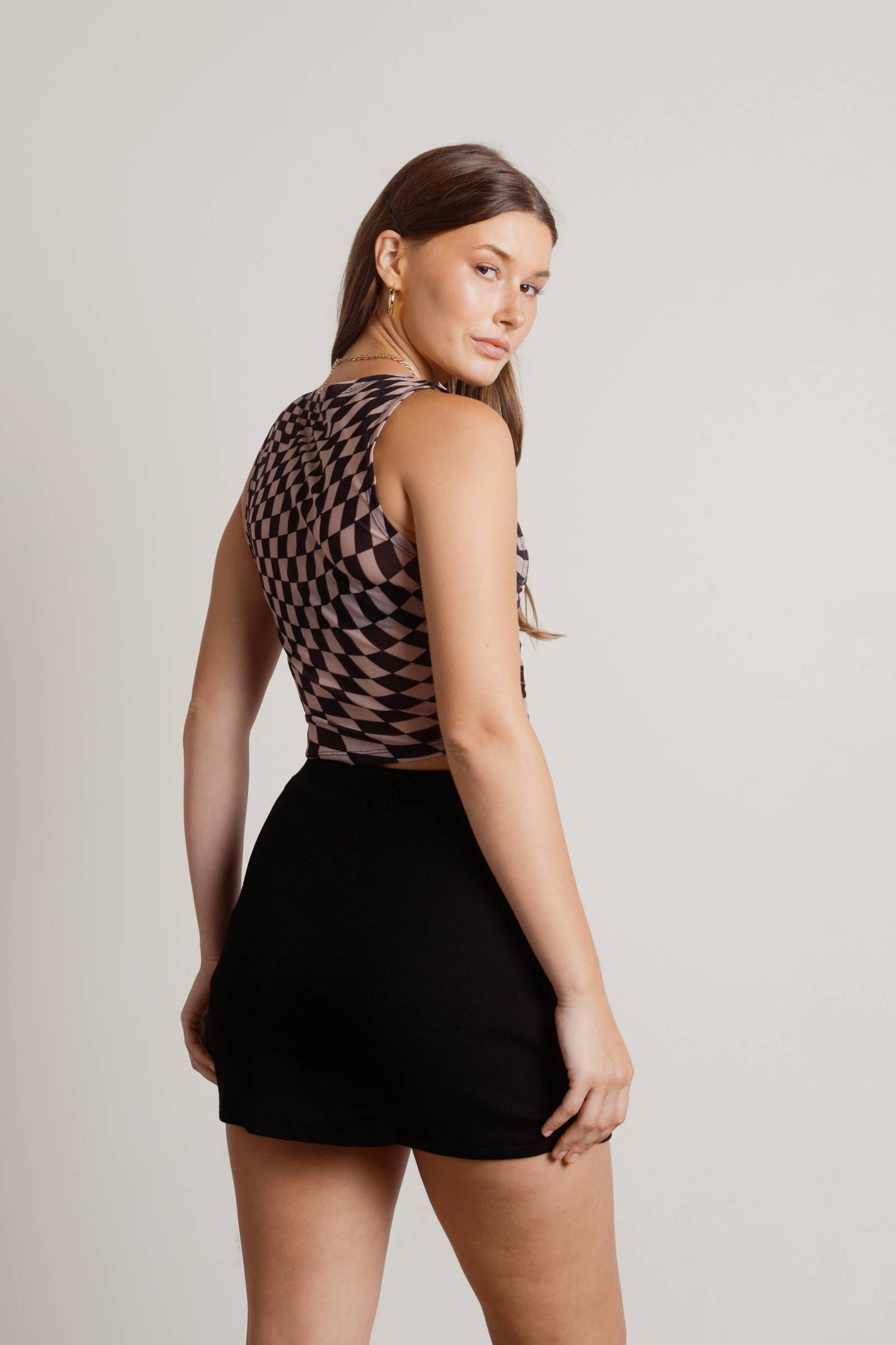 Brown Checkered Tank Top - Sheer Mesh Tank Top - Exposed Seam Top