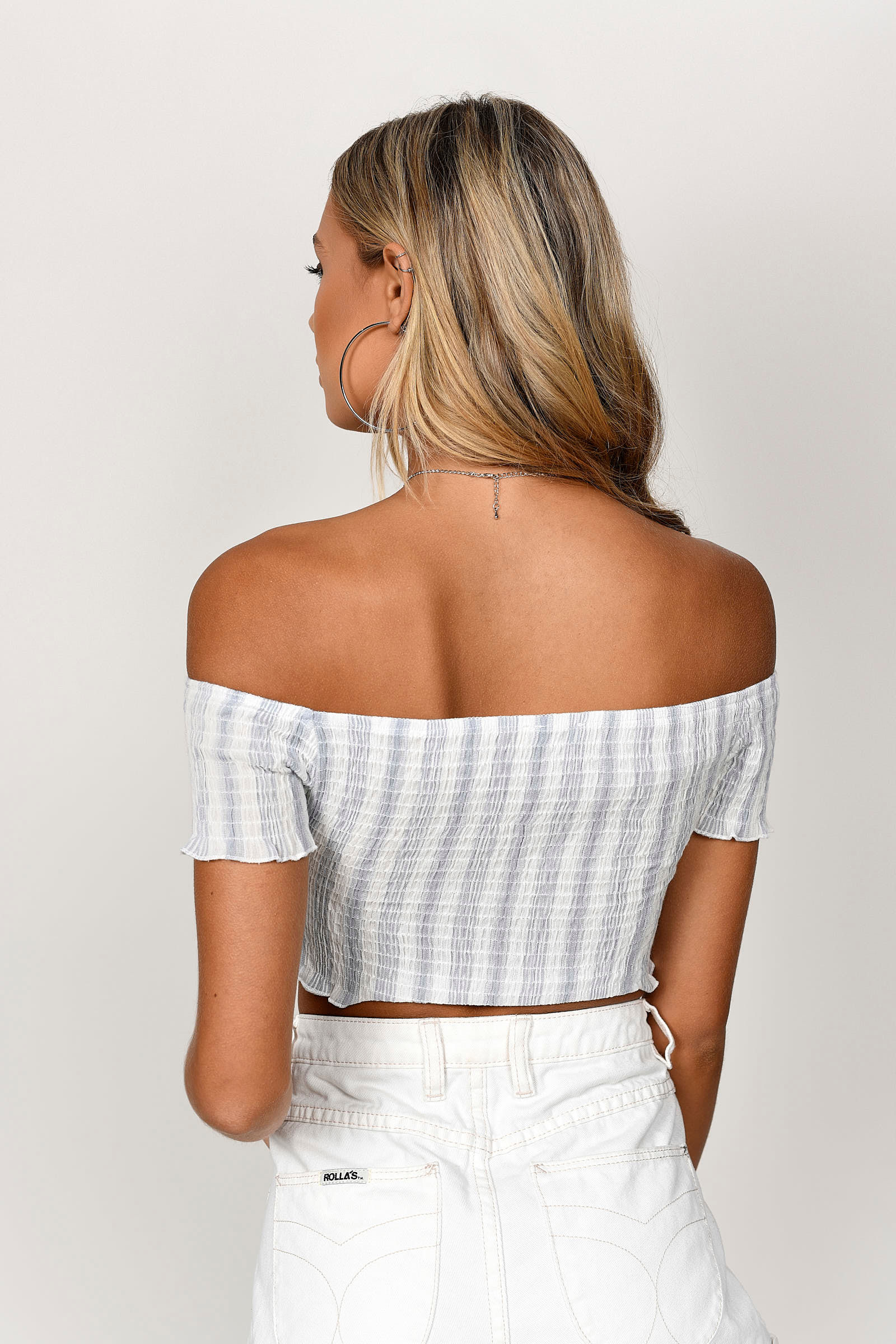 Red Crop Top - Multi Stripe Crop Top - Shirred Top With Ruffle Sleeves
