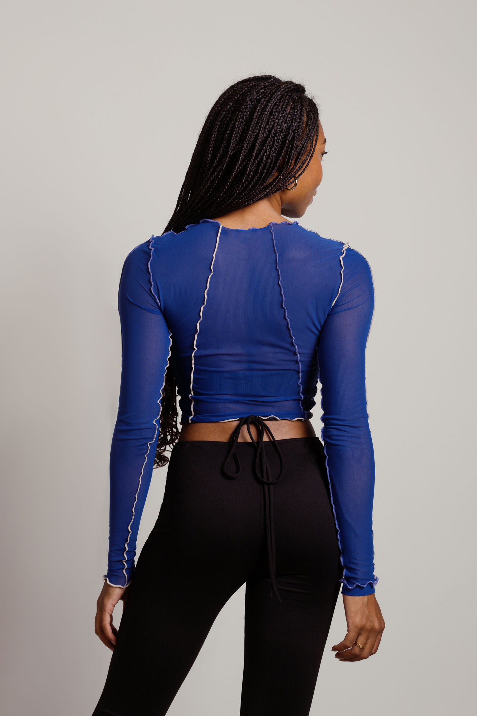 Green Contrast Top - Sheer Mesh Top - Exposed Stitch Top