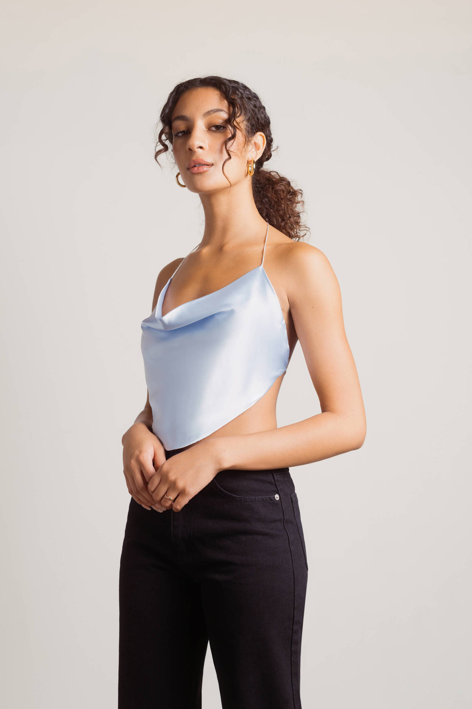 Satin Blue Crop Top - Cowl Neck Top - Ice Blue Tank Top