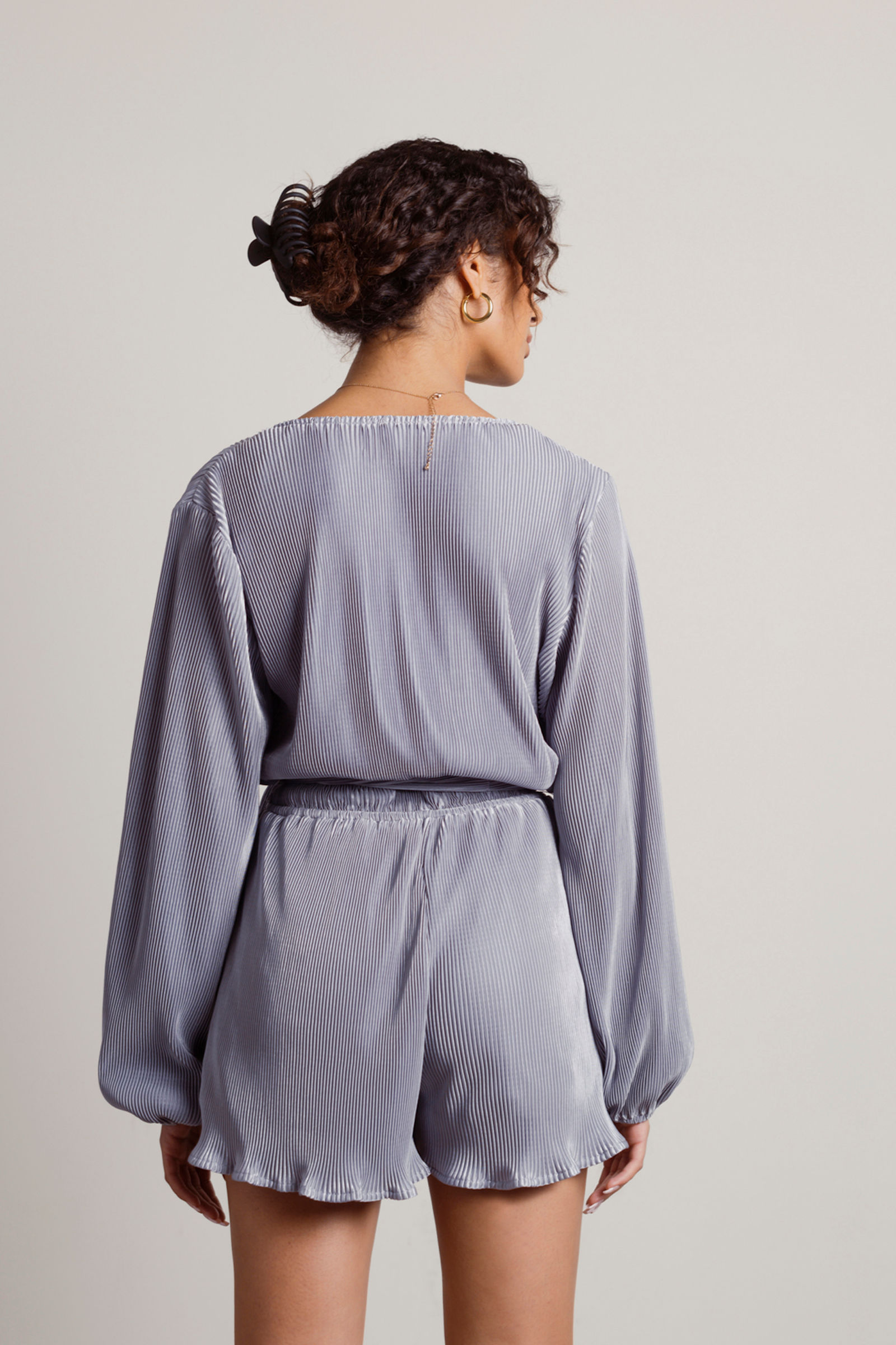 Blue Romper - Semi Sheer Waist Tie Romper - Satin Romper