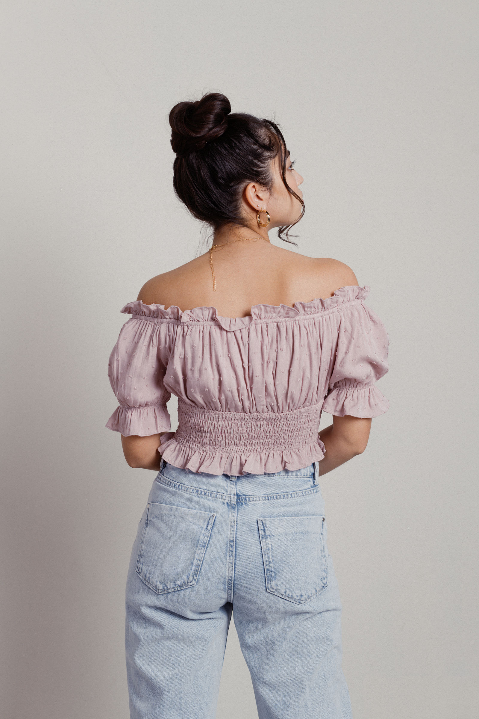 Pink Crop Top - Swiss Dot Smocked Crop Top - Blush Puff Sleeve Crop Top
