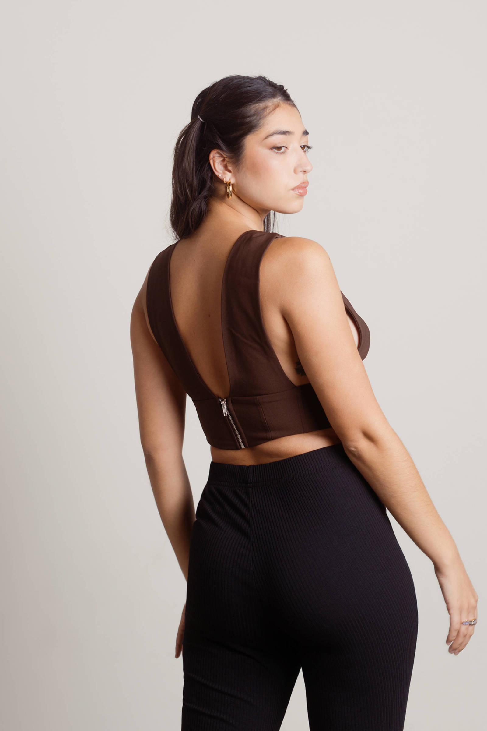 Brown Crop Top - V Neck Bustier Crop Top - Sleeveless Ruched Crop Top