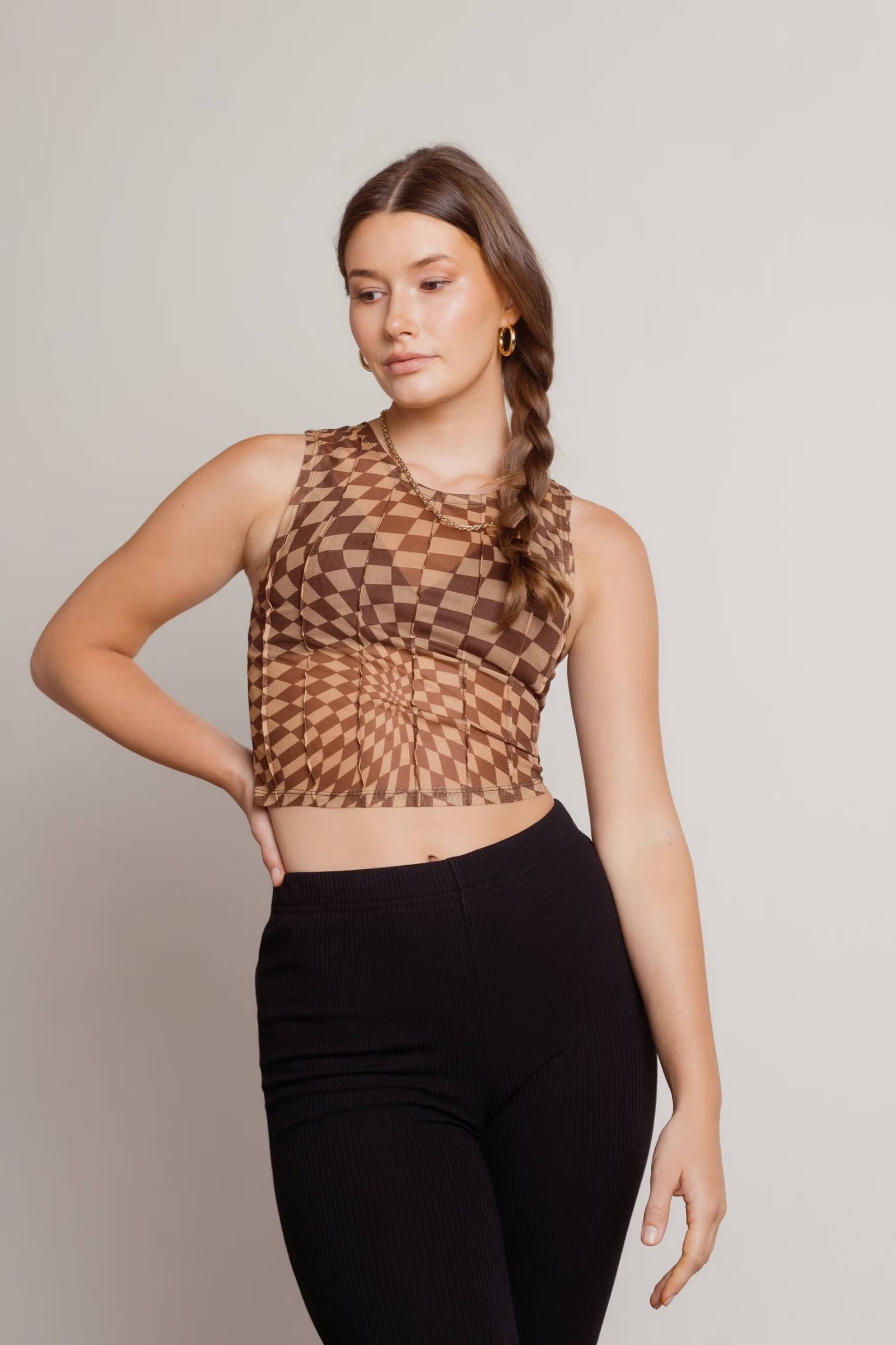 Brown Checkered Tank Top - Sheer Mesh Tank Top - Exposed Seam Top