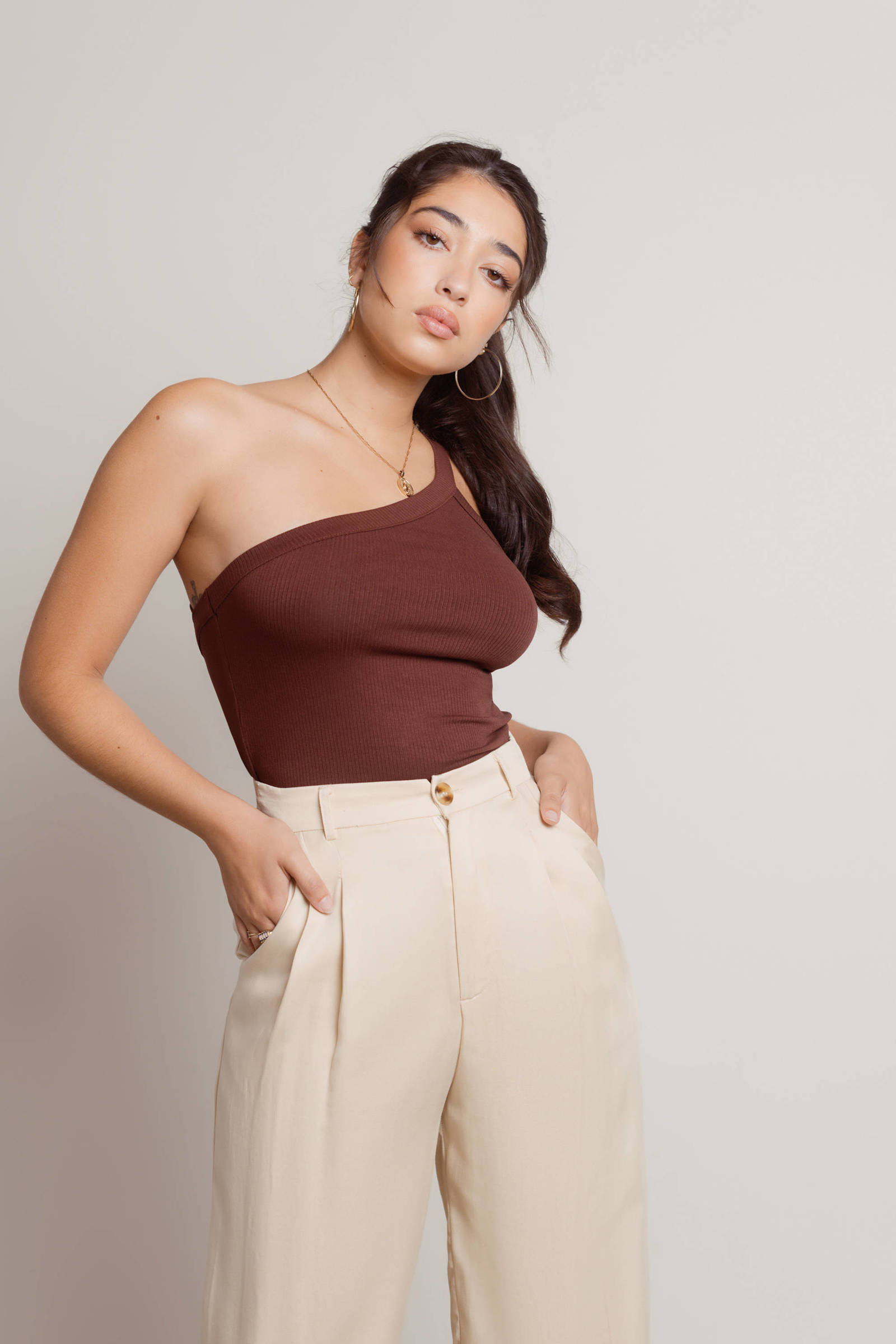 White Crop Top - One Shoulder Crop Top - Beige Ribbed Crop Top