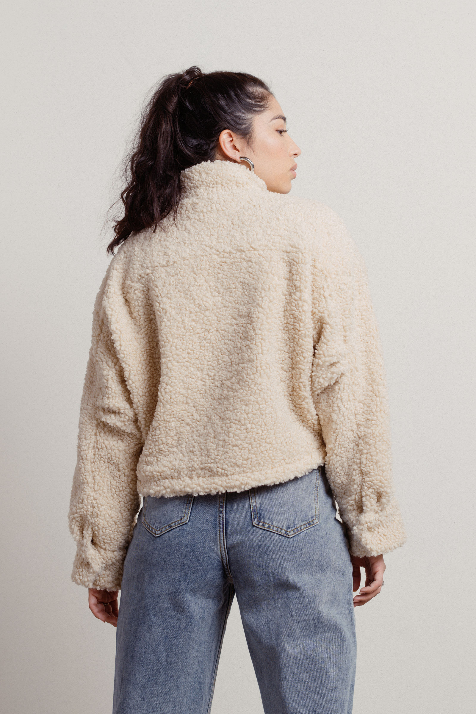 Cream Jacket - High Collar Sherpa Jacket - Cream Sherpa Jacket