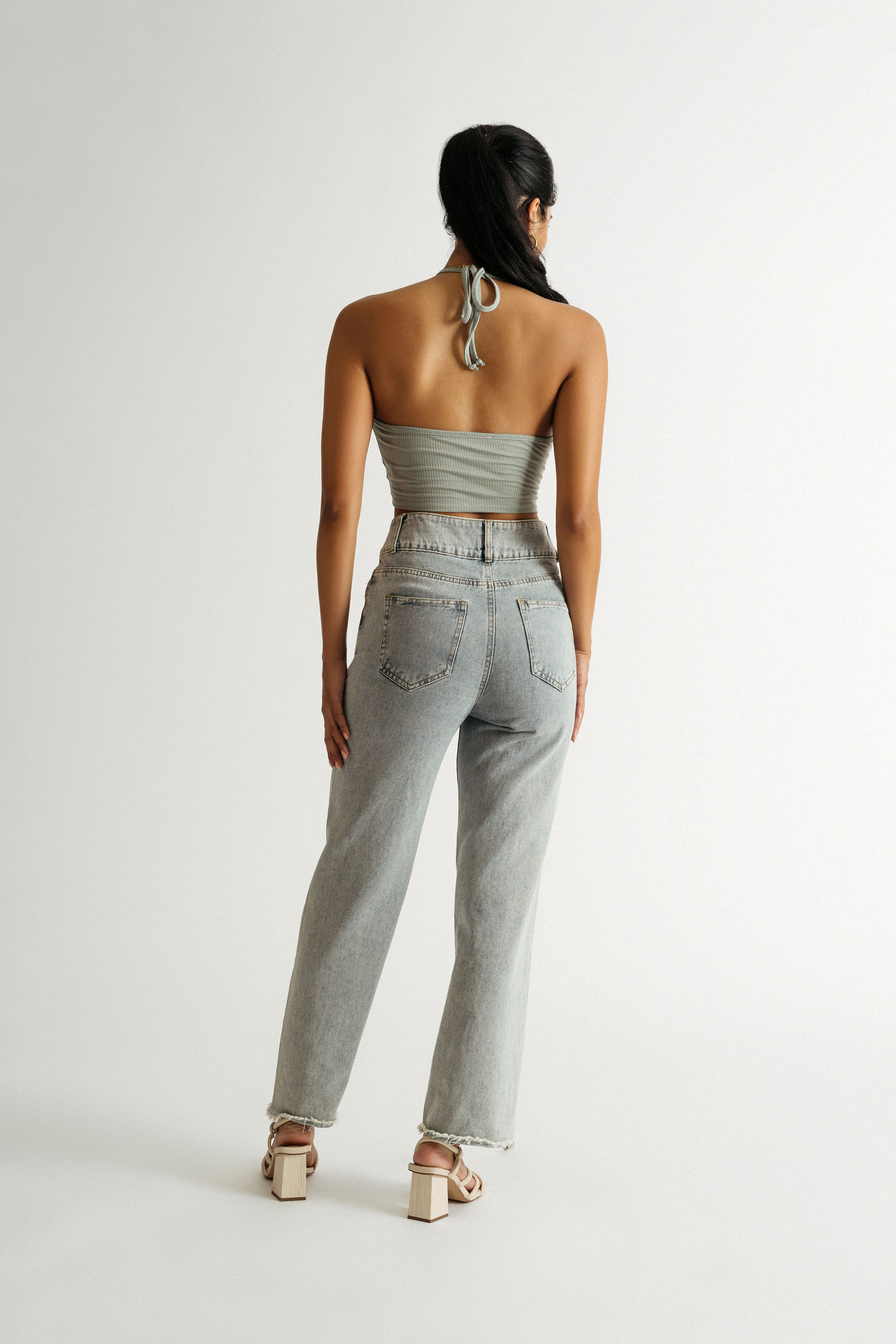 Sage Green Ribbed Halter Tank Top - Backless Crop Top - Keyhole Top