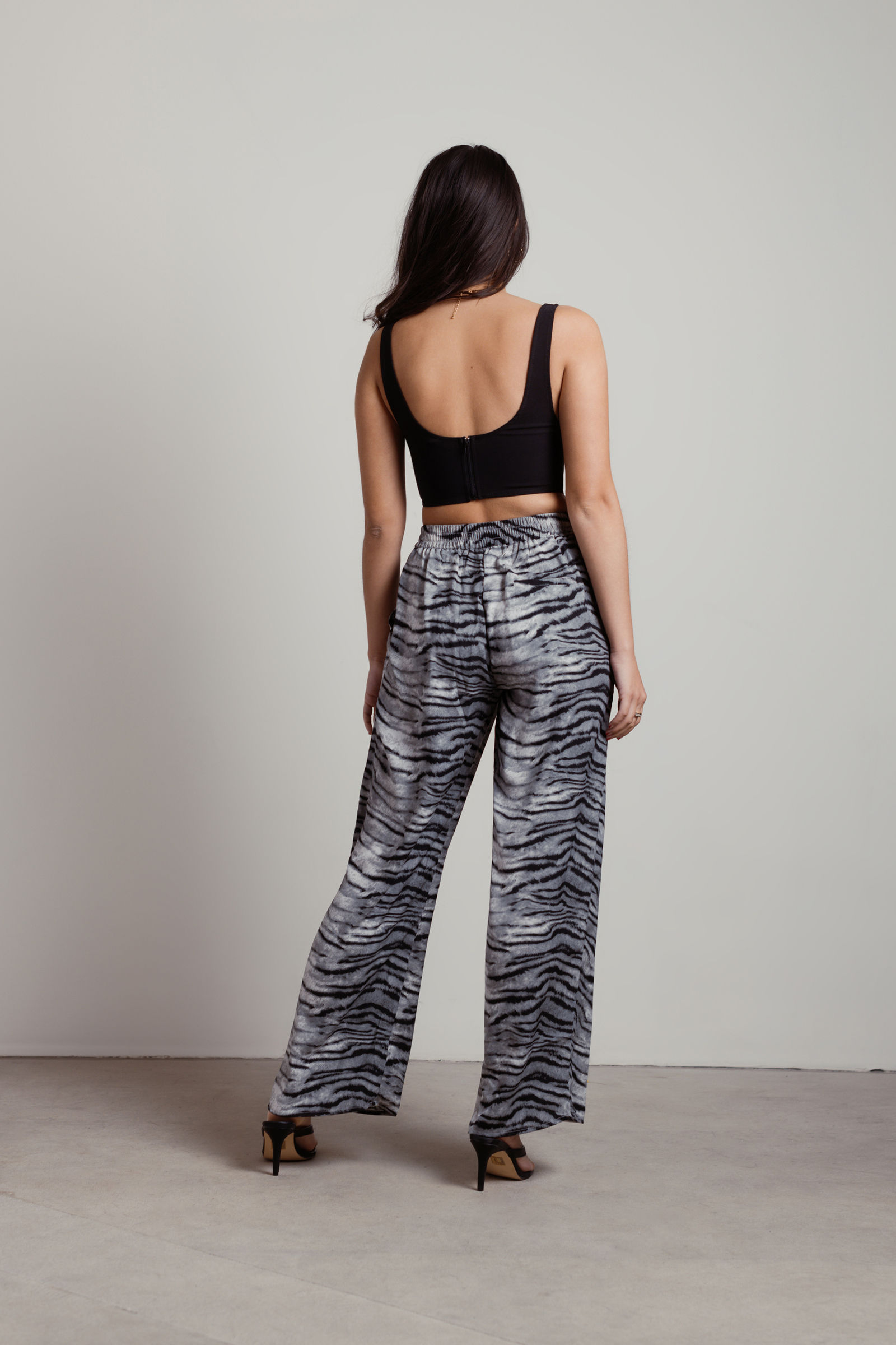 Grey Pants - Tiger Print Pants With Elastic Waistband - Straight Leg Pants
