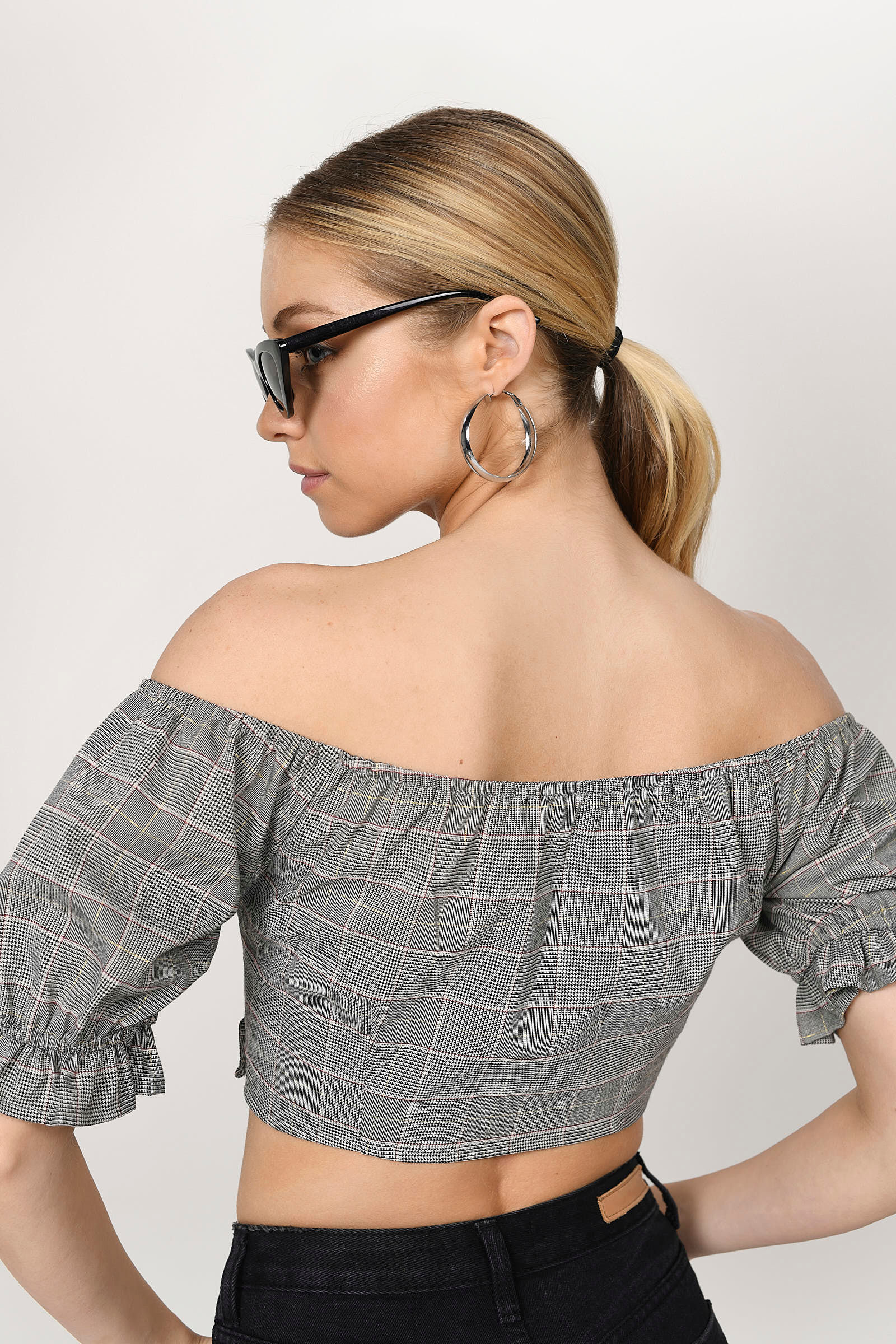 Grey Top - Off Shoulder Top - Grey Plaid Puff Sleeve Blouse