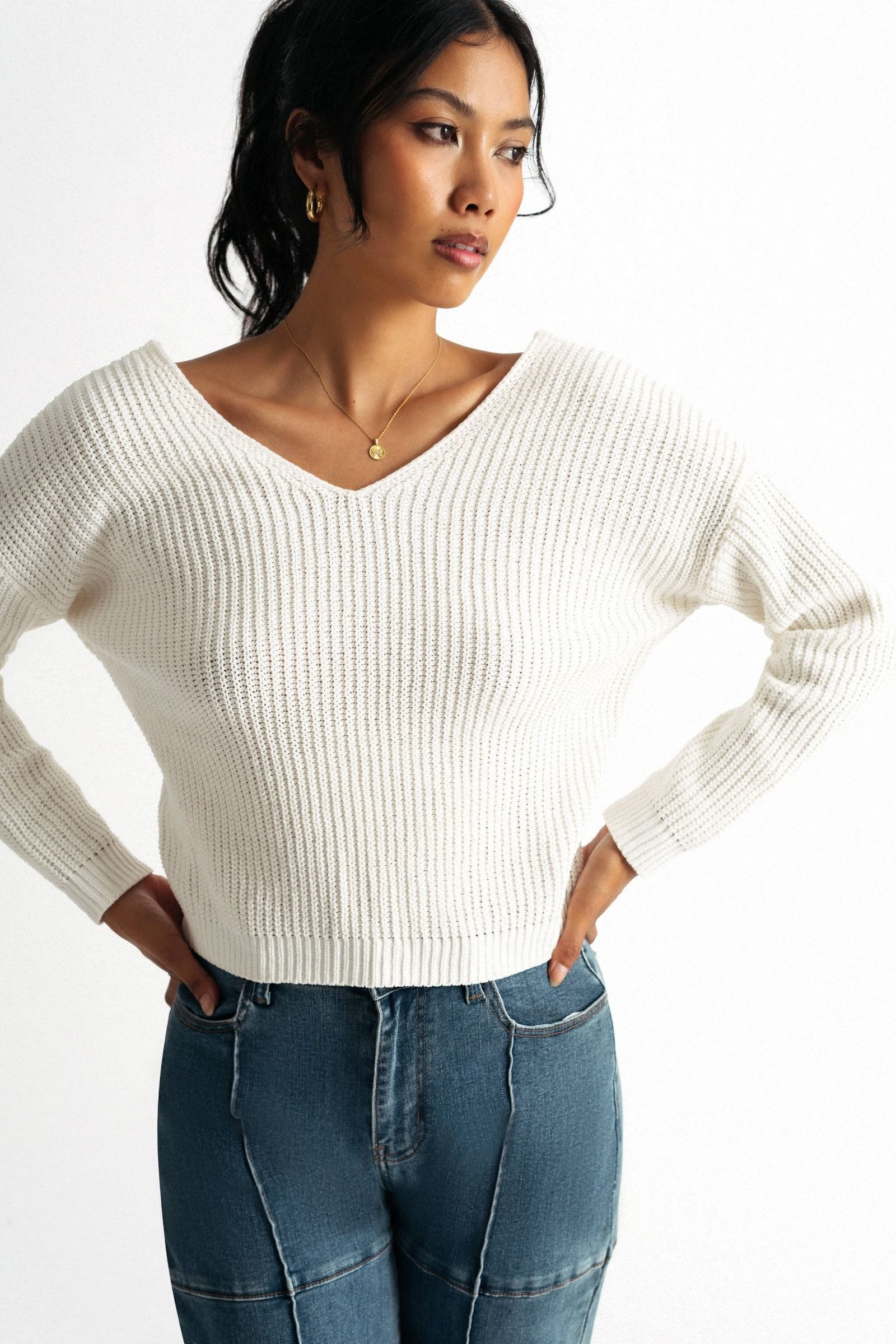 Ivory Twist Back Sweater - Low Back Sweater - Long Sleeve Knit
