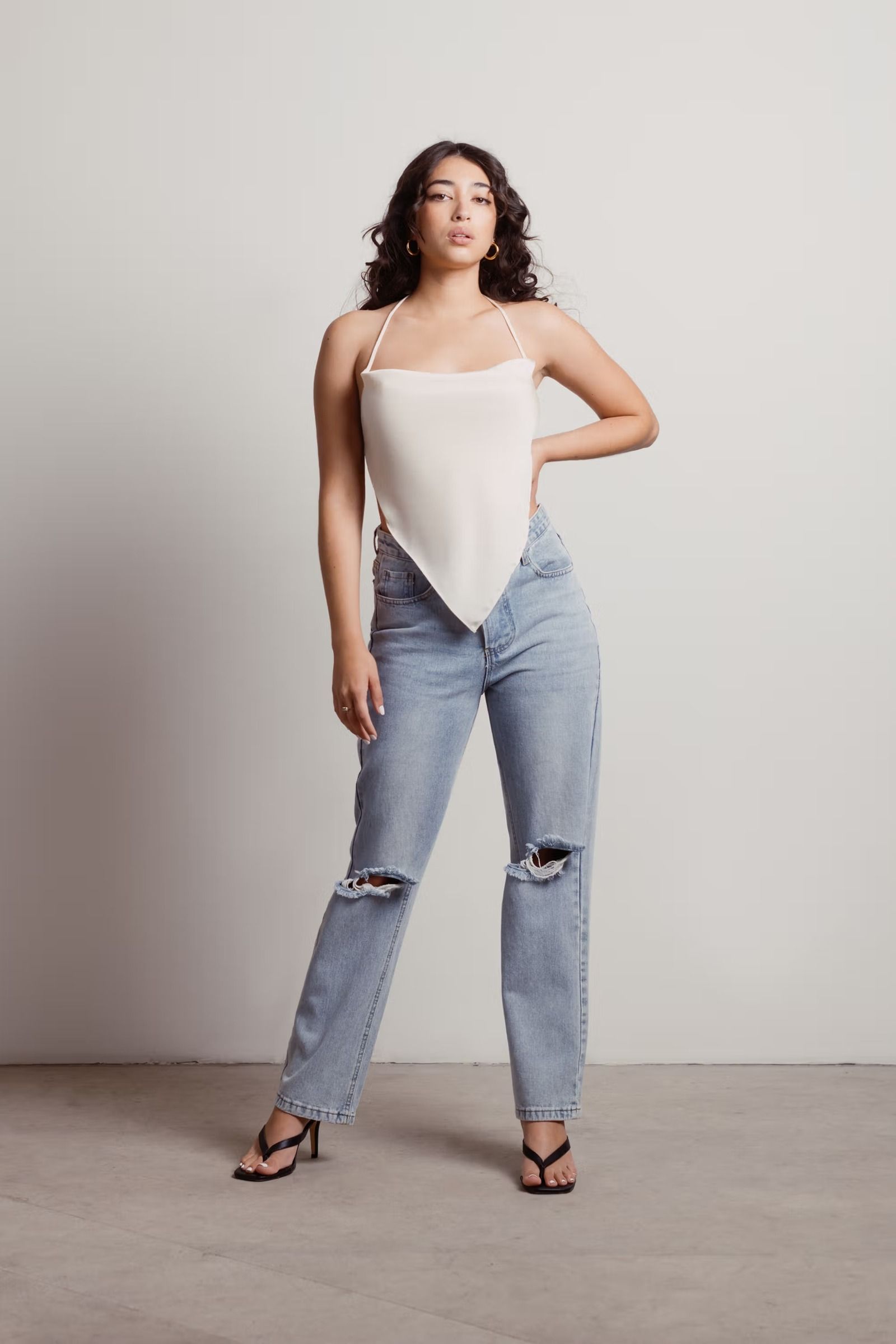 Ivory Satin Top - White Cowl Neck Crop Top - Backless Top