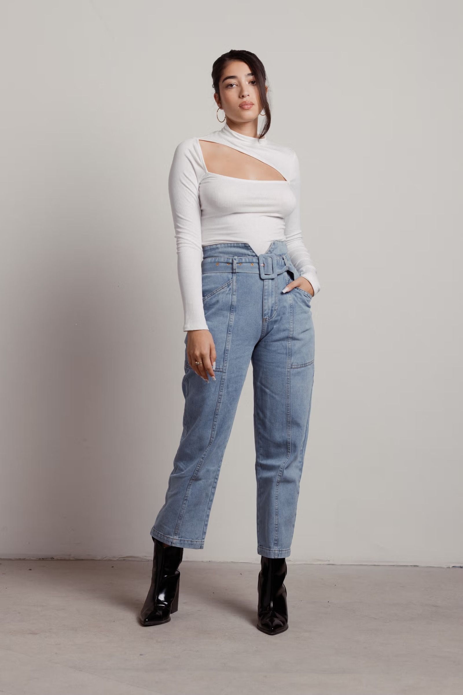 White Crop Top - Ribbed Long Sleeve Crop Top - Ivory Cutout Crop Top