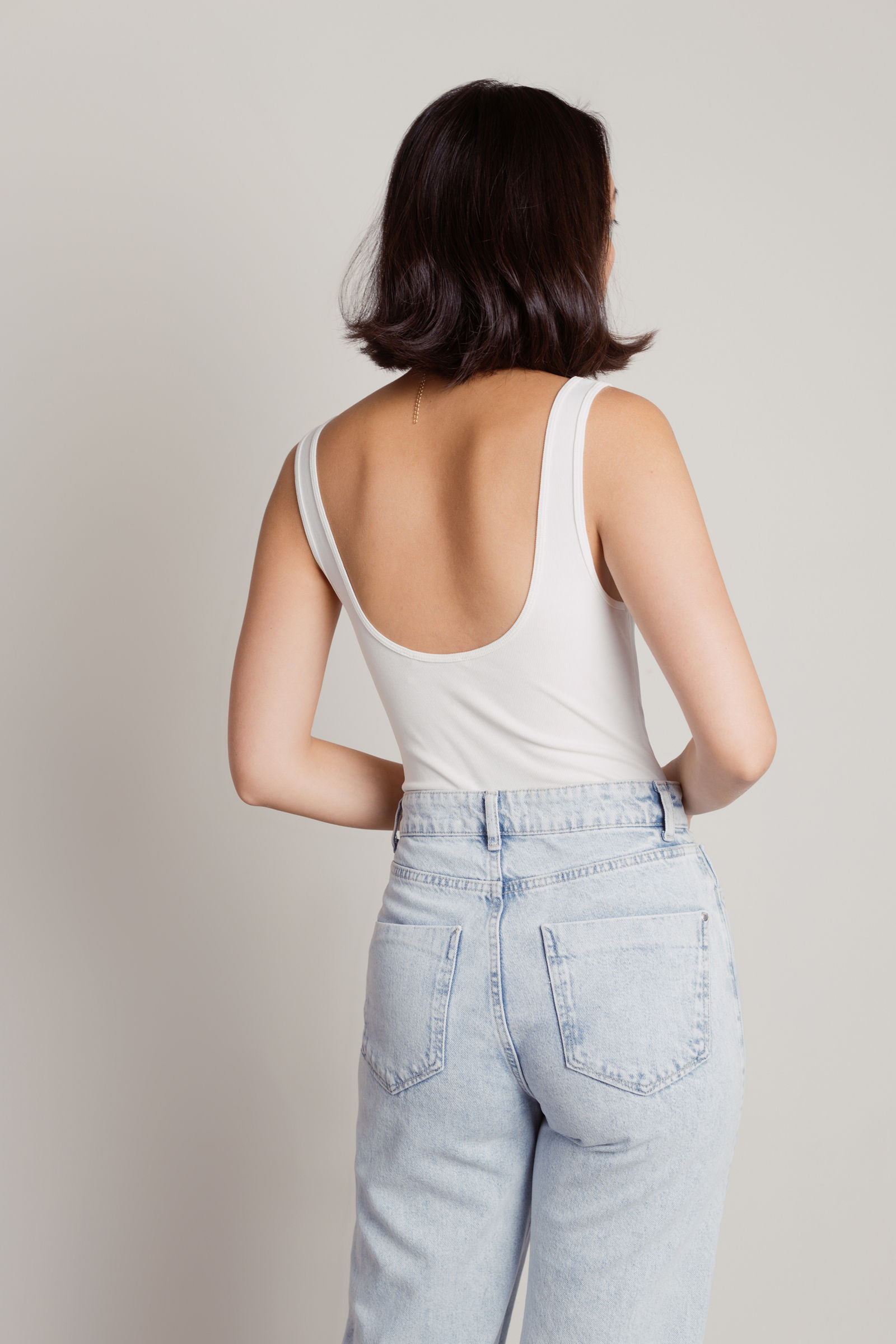 Ivory Tank Bodysuit - White Low Back Bodysuit - Ribbed Scoop Neck Tank Top