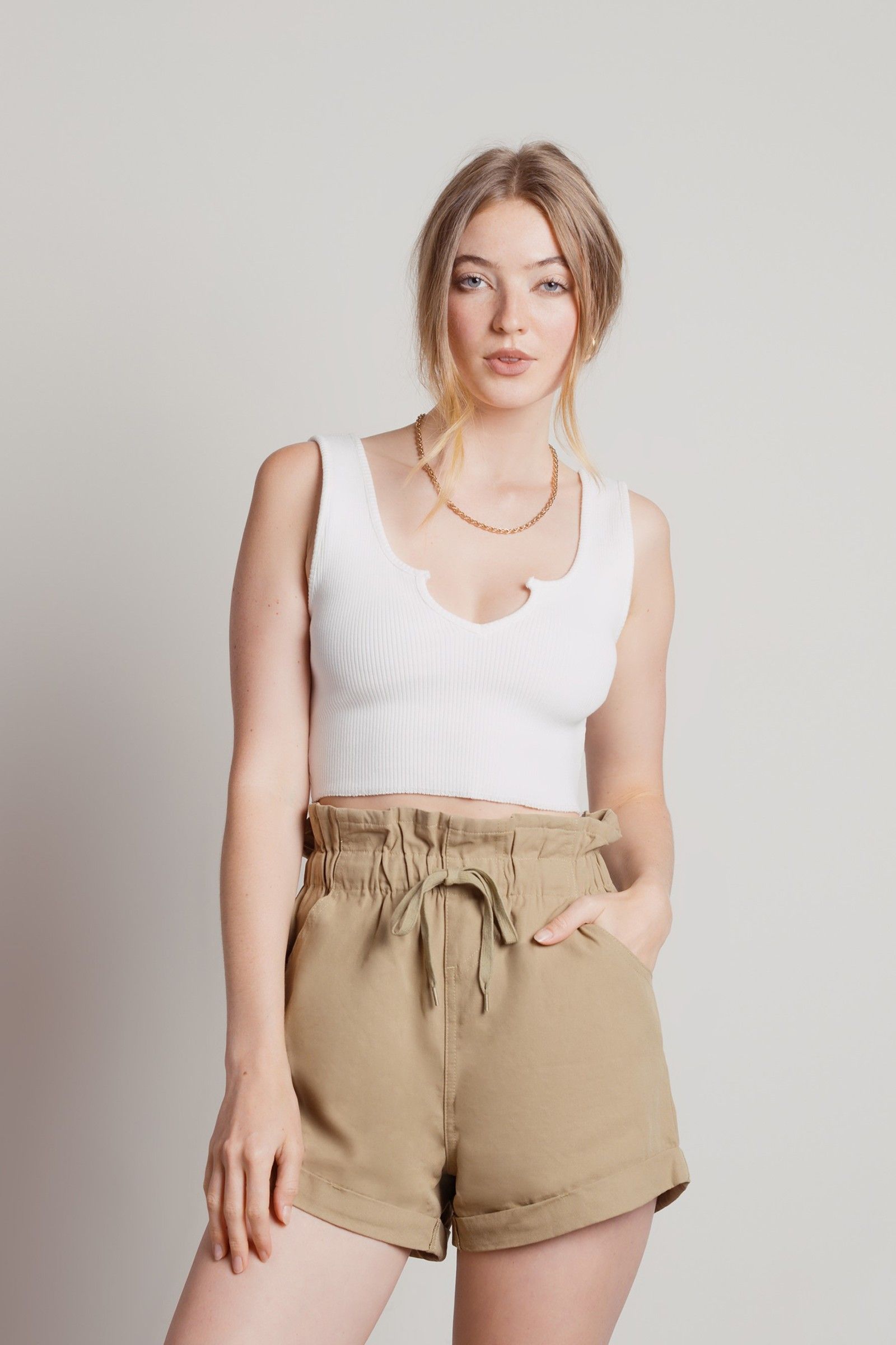 Light Olive Shorts - Waist Tie Double Pockets Shorts - Light Olive ...
