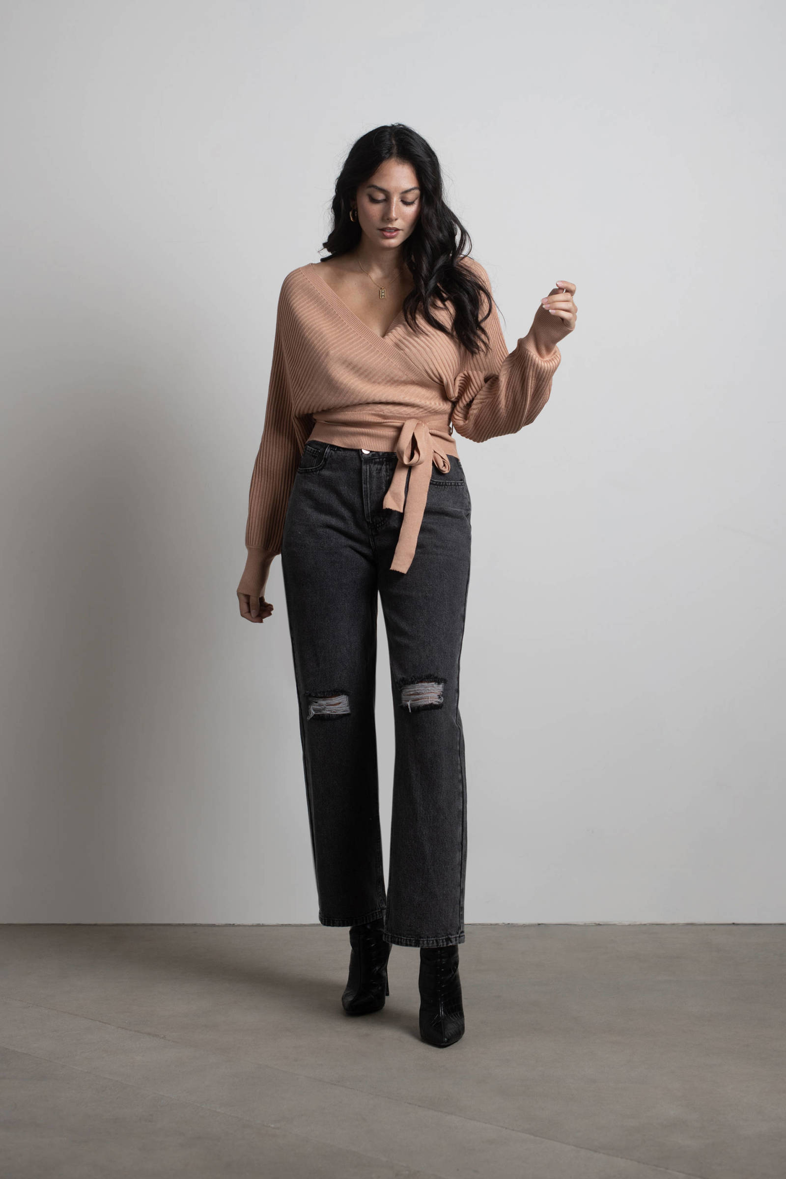 Purple Sweater - Ribbed Wrap Tie Sweater - Light Pink Bardot Neck Sweater