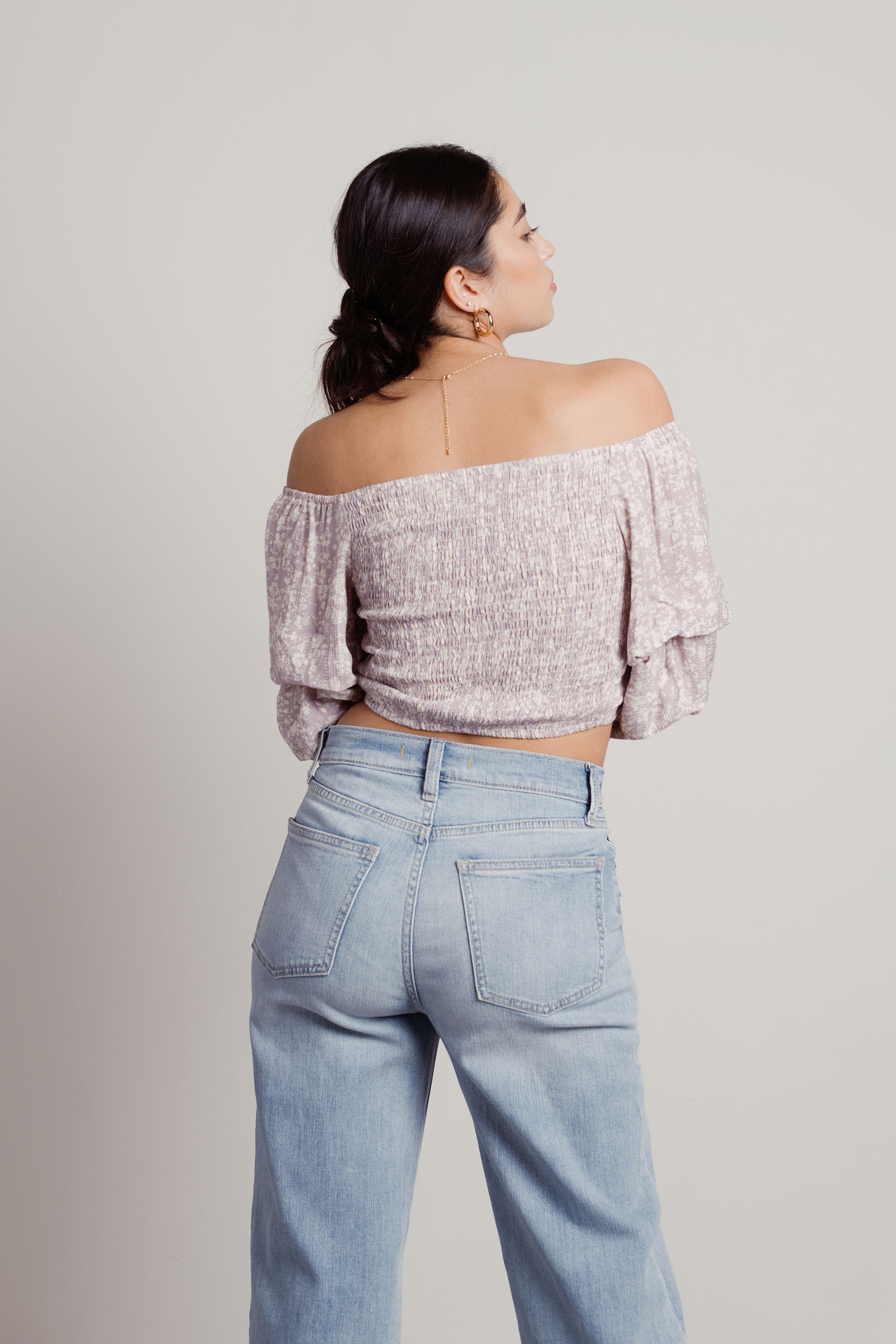 Violet Crop Top - Floral Print Off Shoulder Crop Top - Lilac Ruched ...