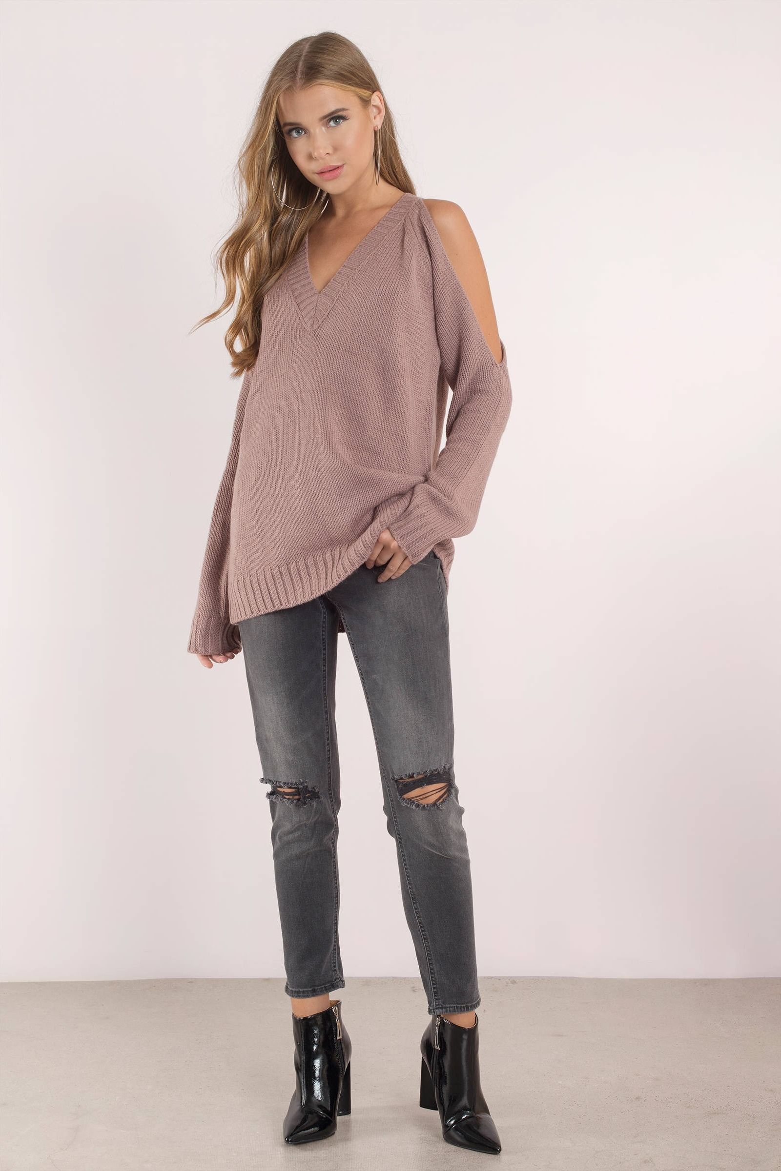 Black Sweater - V-Neck Sweater With Cold Sleeves - Shoulder Cut Outs ...