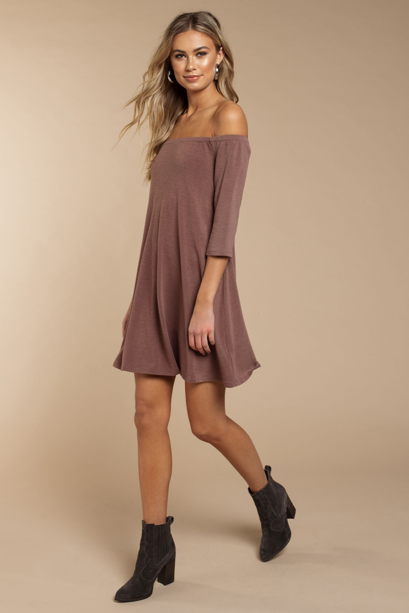 Black Mini Dress - Off Shoulder Shift Knit Dress - Chic Bardot Neckline ...