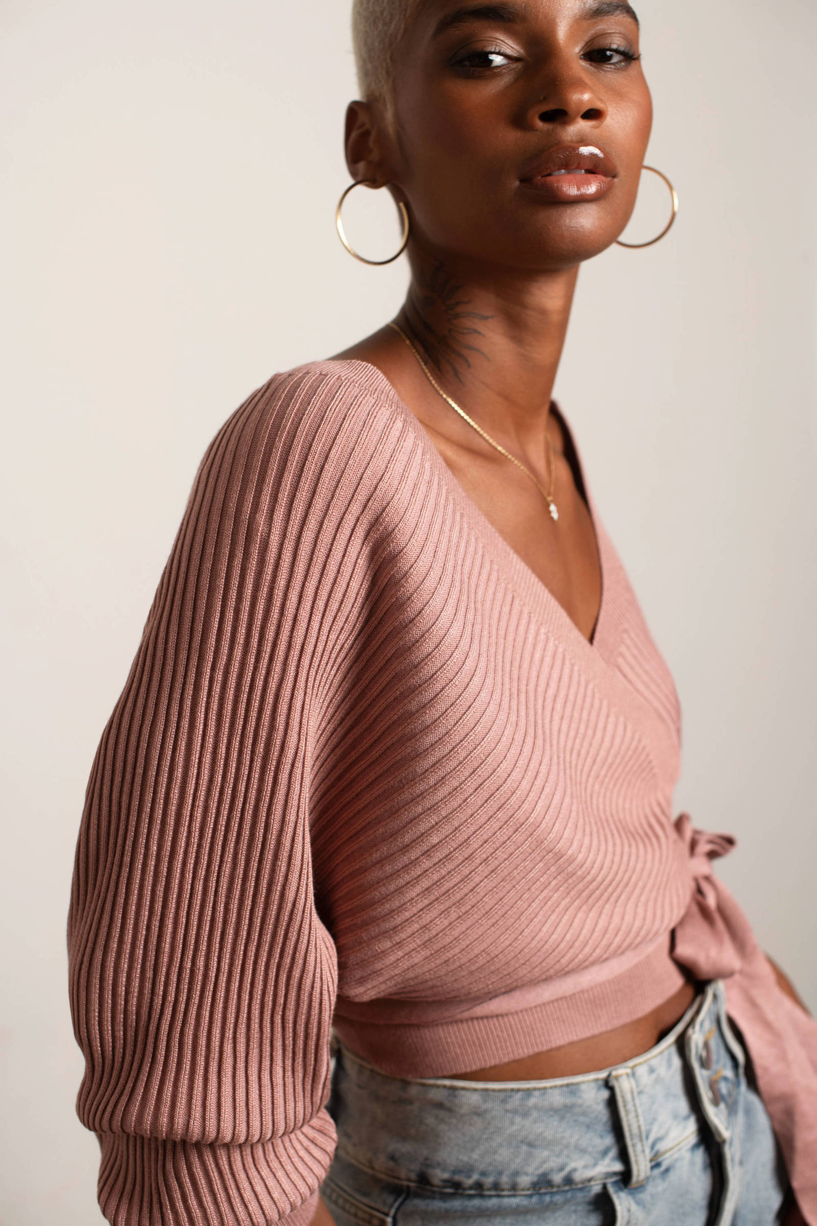 Pink Sweater - Ribbed Wrap Tie Sweater - Light Pink Bardot Neck Sweater
