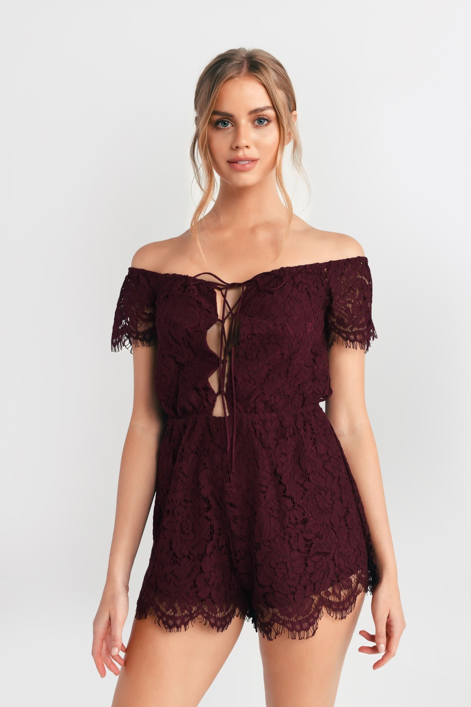 Blue Romper - Off Shoulder Lined Romper - Cute Front Lace Up Romper