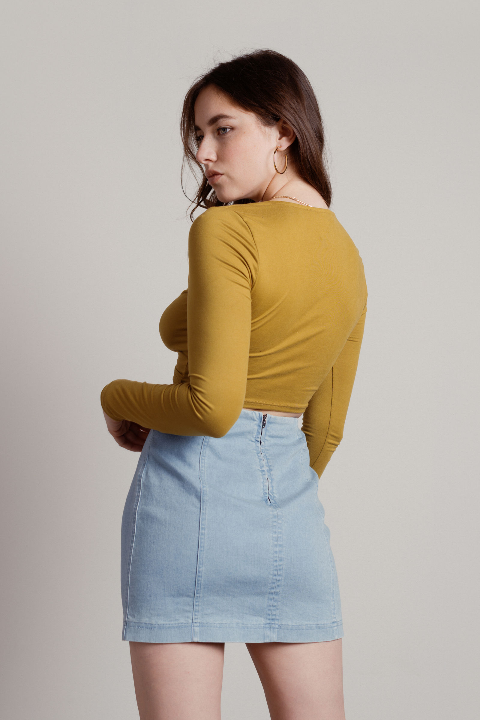 Moss Yellow Crop Top - Ruched Long Sleeve Crop Top - Front Tie Crop Top