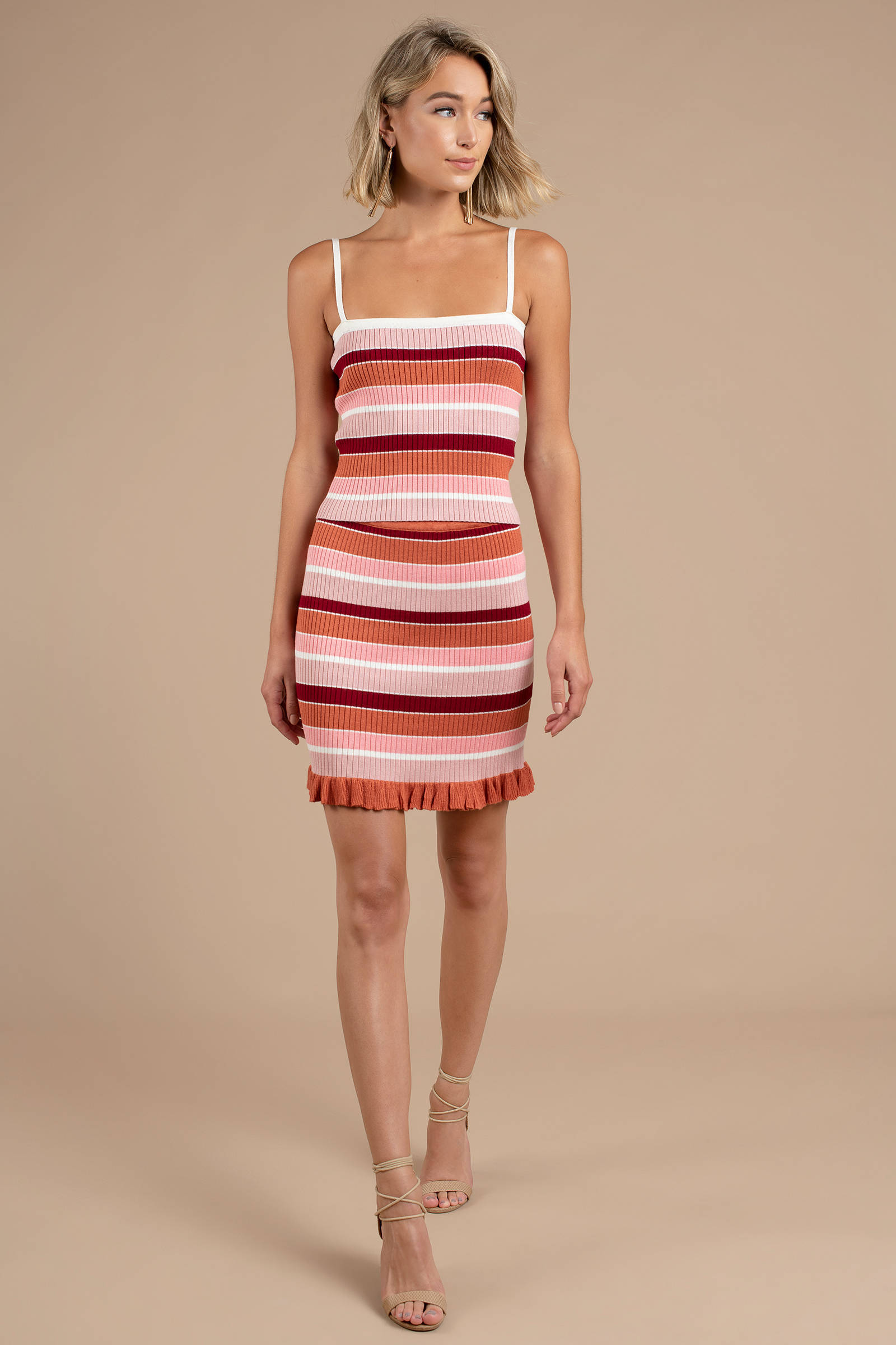 Pink Skirt - Multi Colour Knit Skit - Mink Pink Skirt With Ruffled Hem