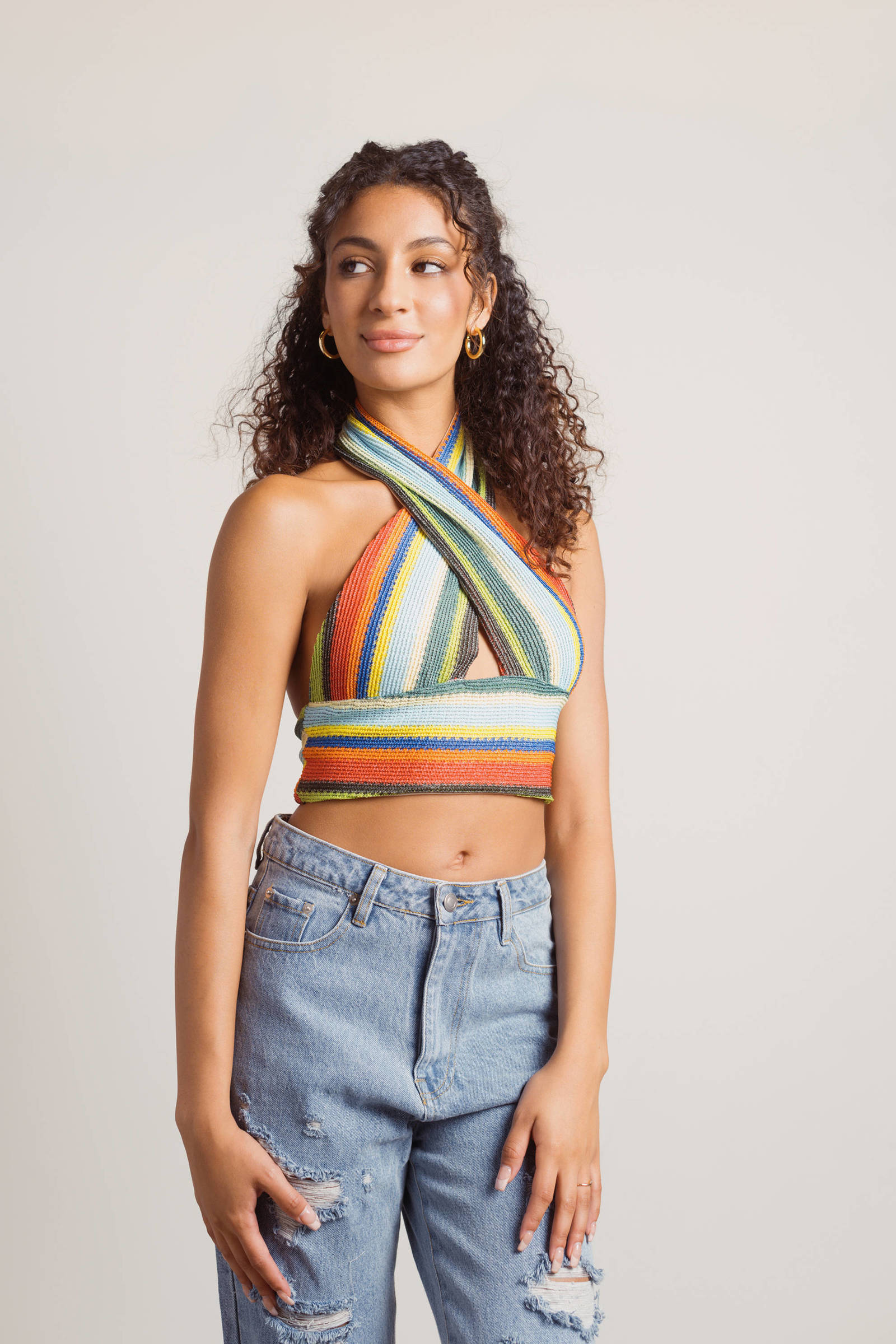 Pink Green Crop Top - Multi Halter Neck Crop Top - Striped Print Crop Top