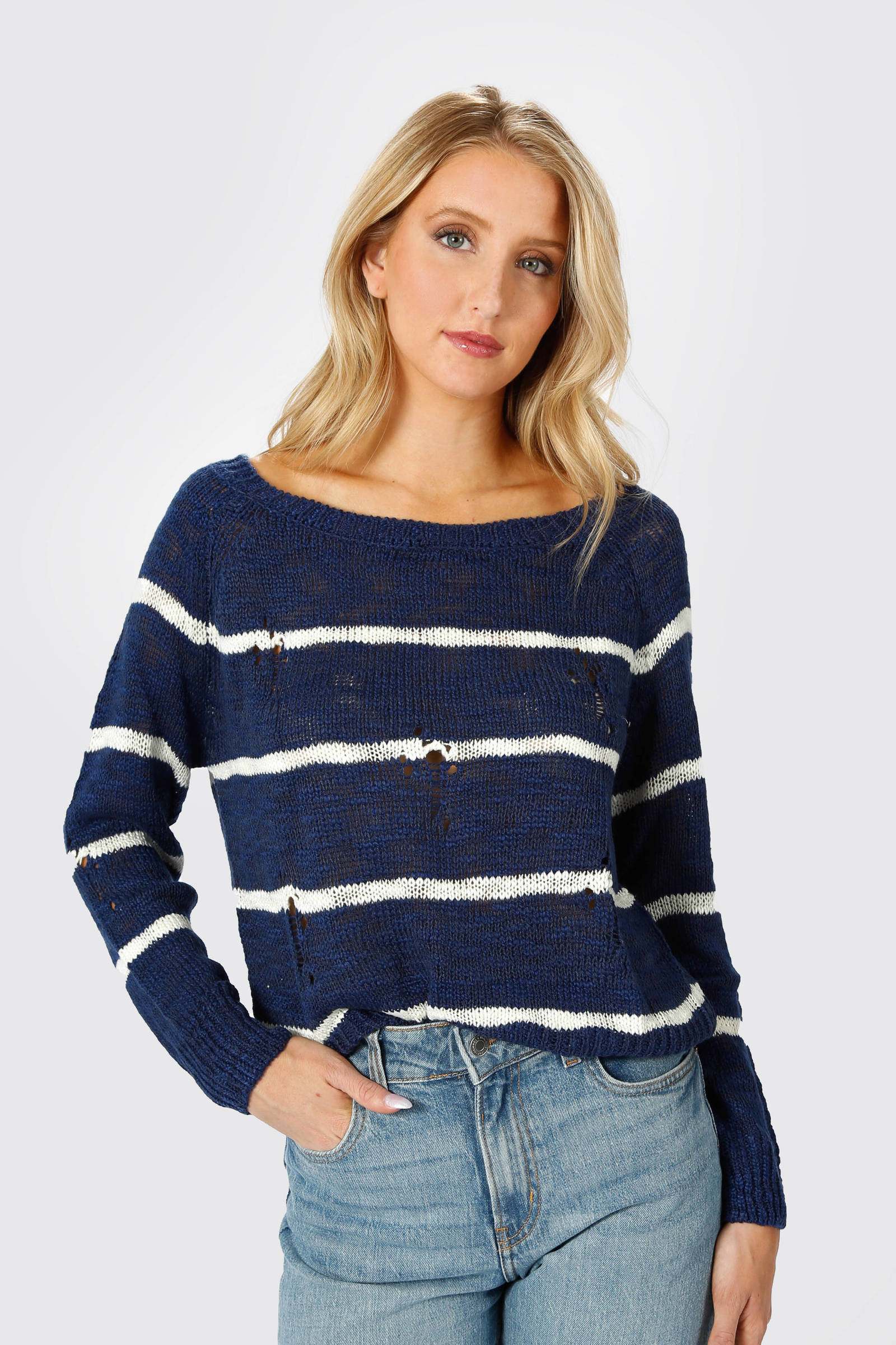 Blue & White Sweater - Striped Knit Sweater - Boat Neck Sweater