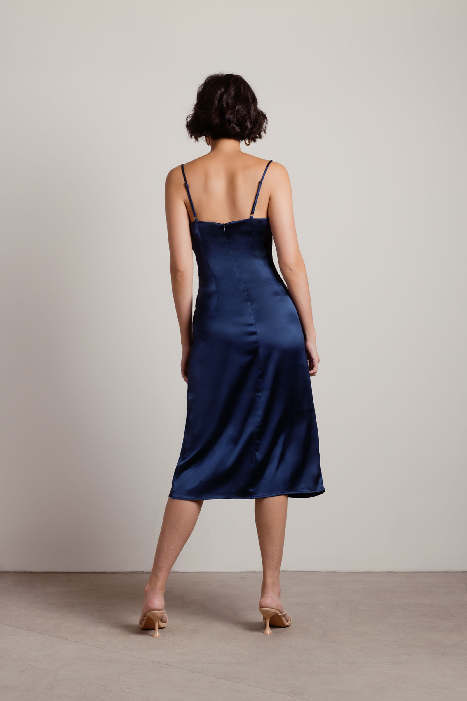Blue Midi Dress - Satin Dress With Cowl Neck - Navy Slip Dress