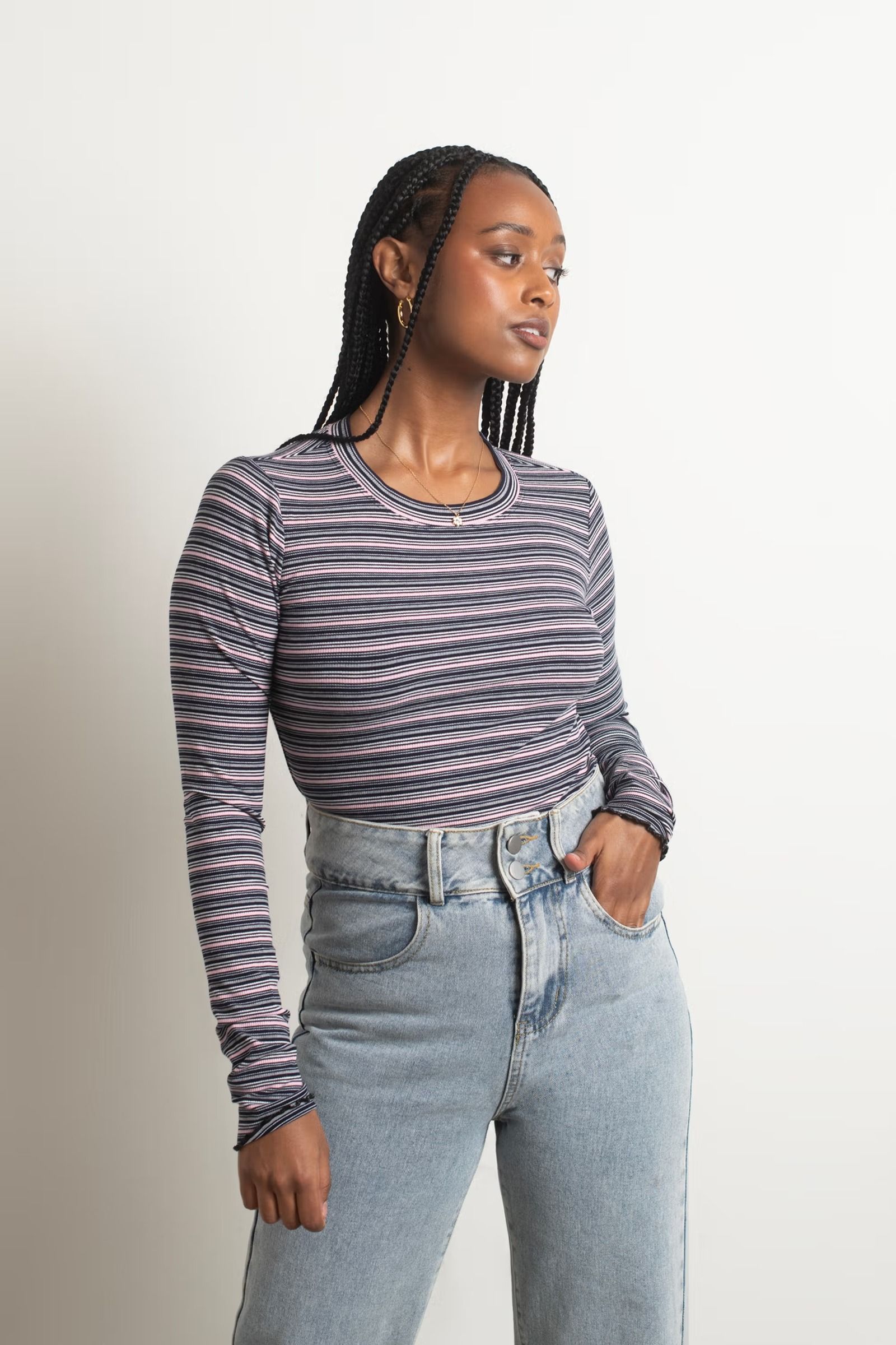 Navy Blue Top - Long Sleeve Knit Top - Navy Blue Striped Top