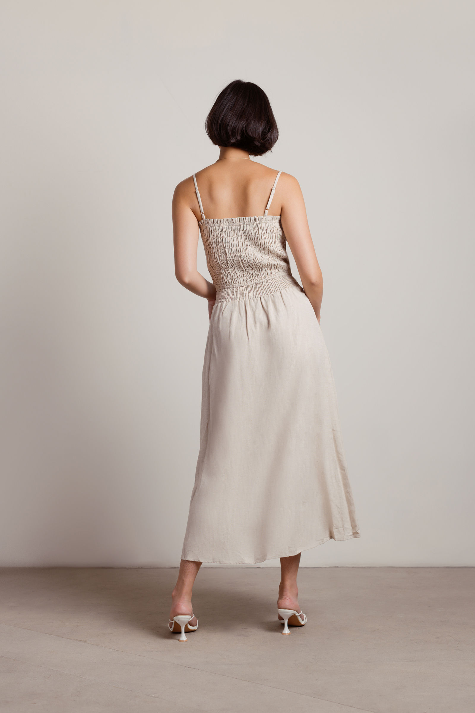 Oatmeal Linen Dress - Smocked Beige Dress - Midi Dress