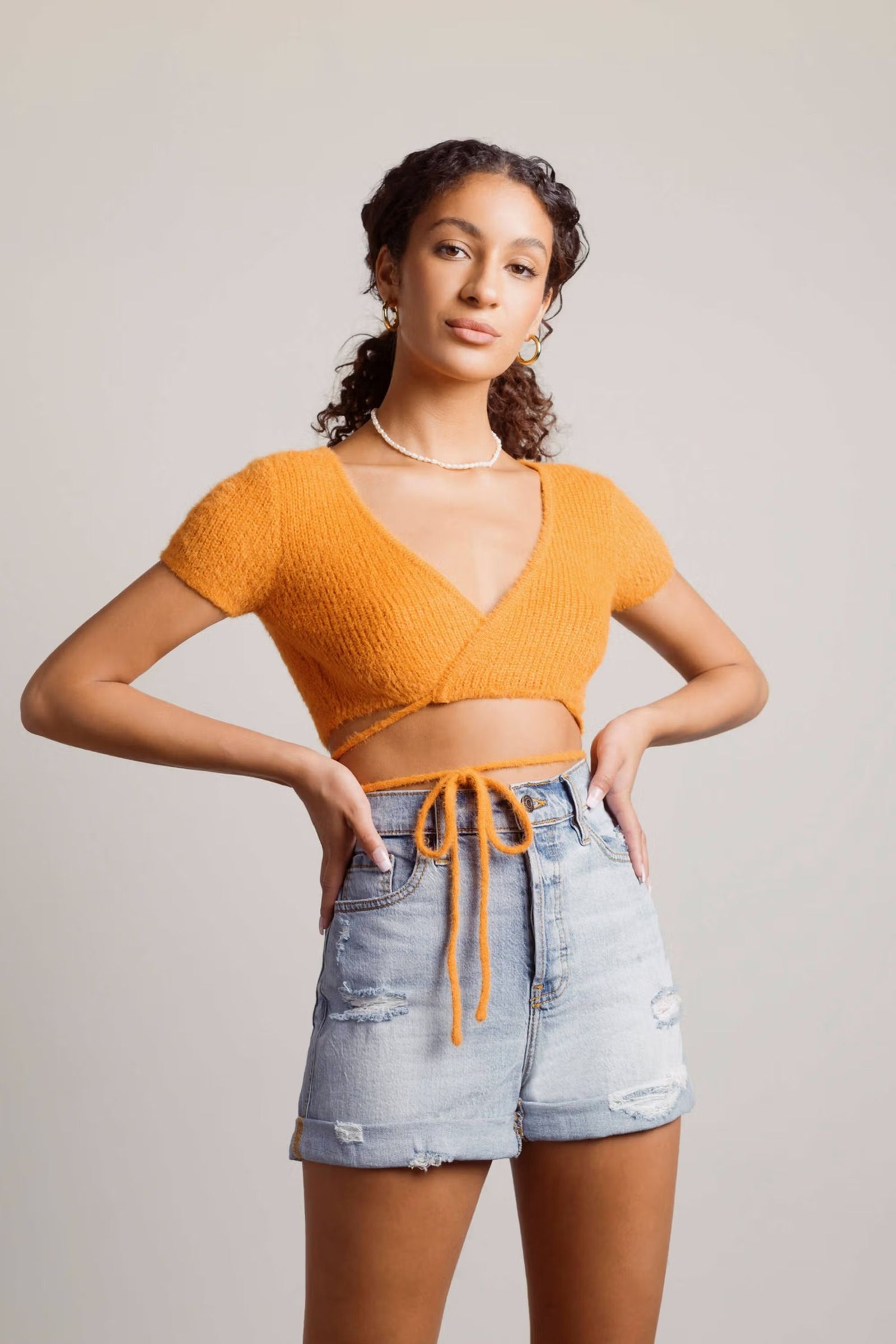 Pink V Neck Crop Top - Fuzzy Wrap Crop Top - Front Tie Crop Top