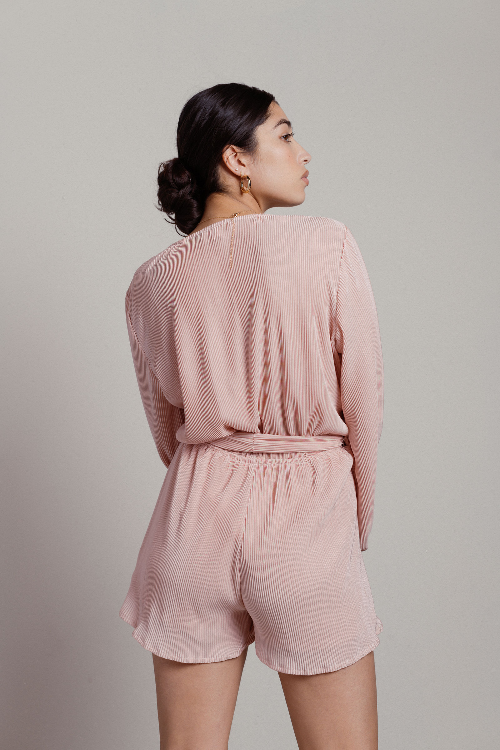 Pink Semi-Sheer Romper - Surplice Romper - Waist Tie Romper