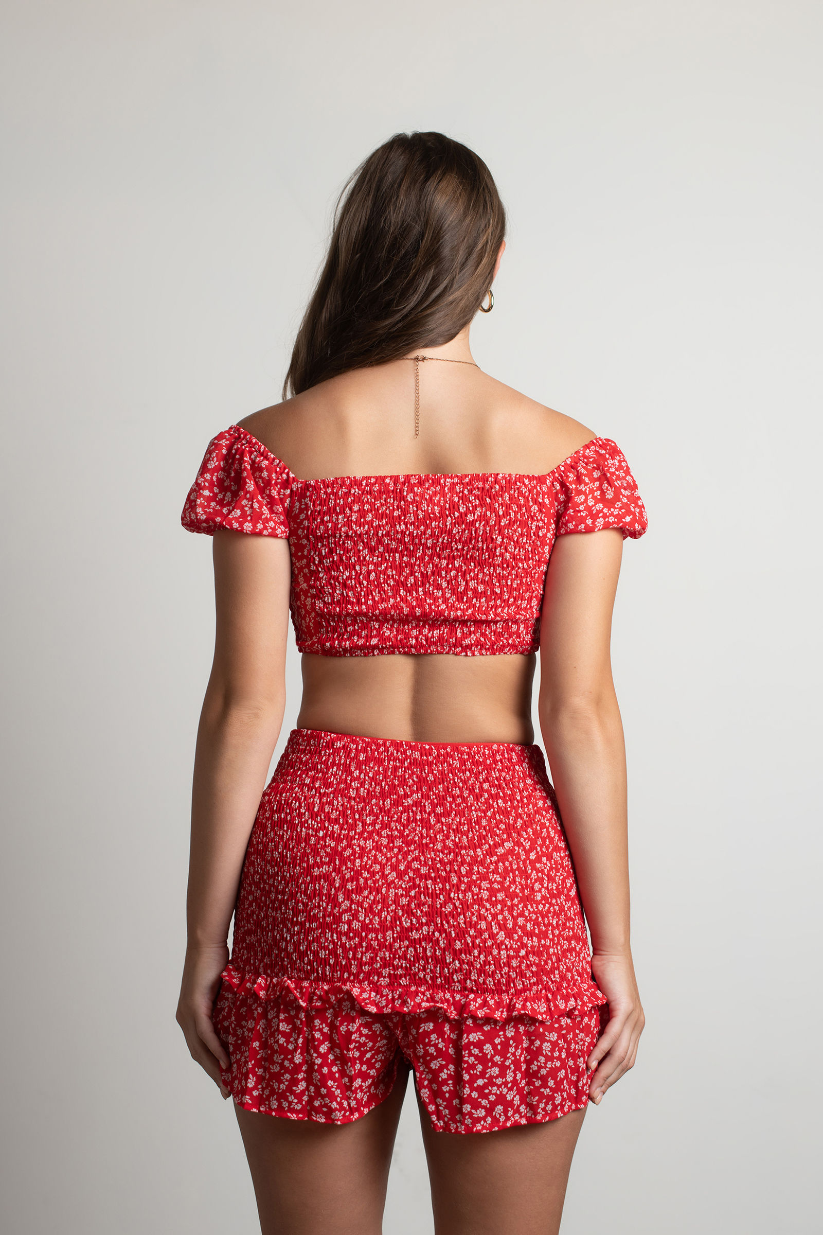Red Crop Top & Skirt Set - Off Shoulder Smocked Crop Top - Floral Skort
