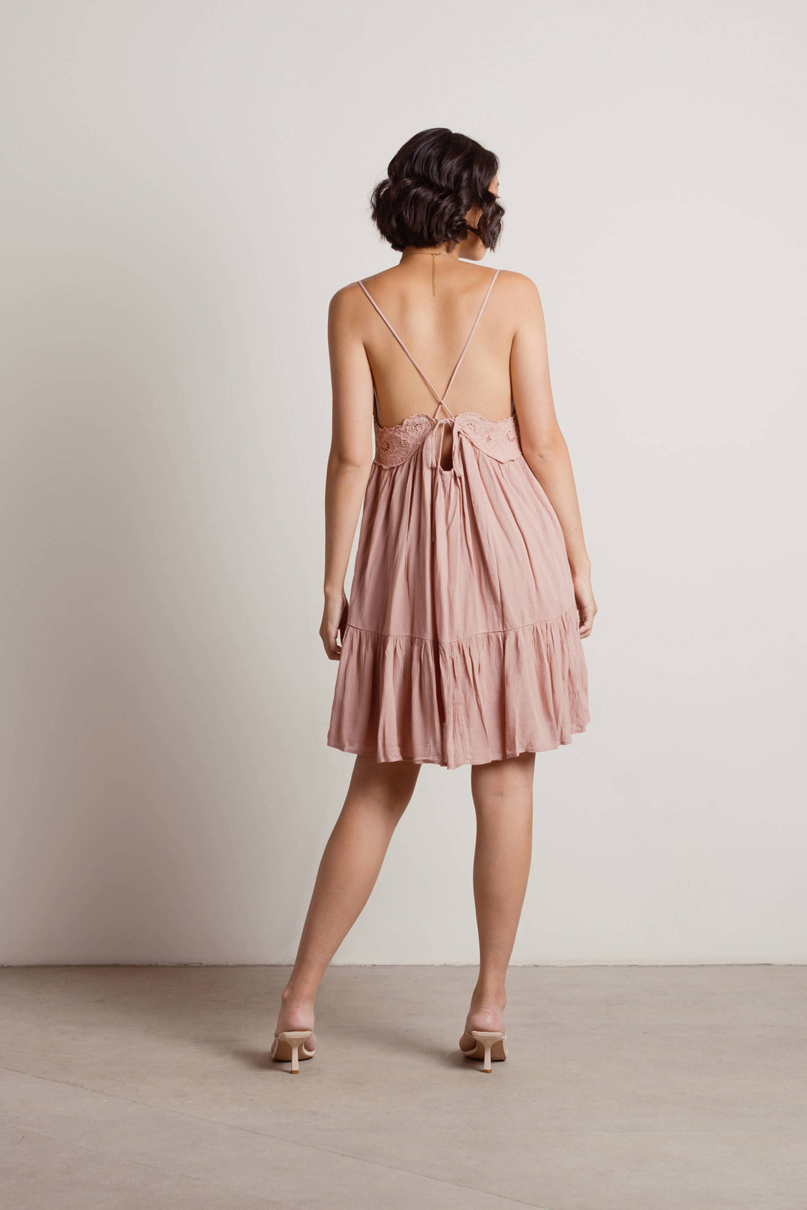 Rose Mini Dress - Crinkle Gauze Flowy Dress - Pink Skater Dress