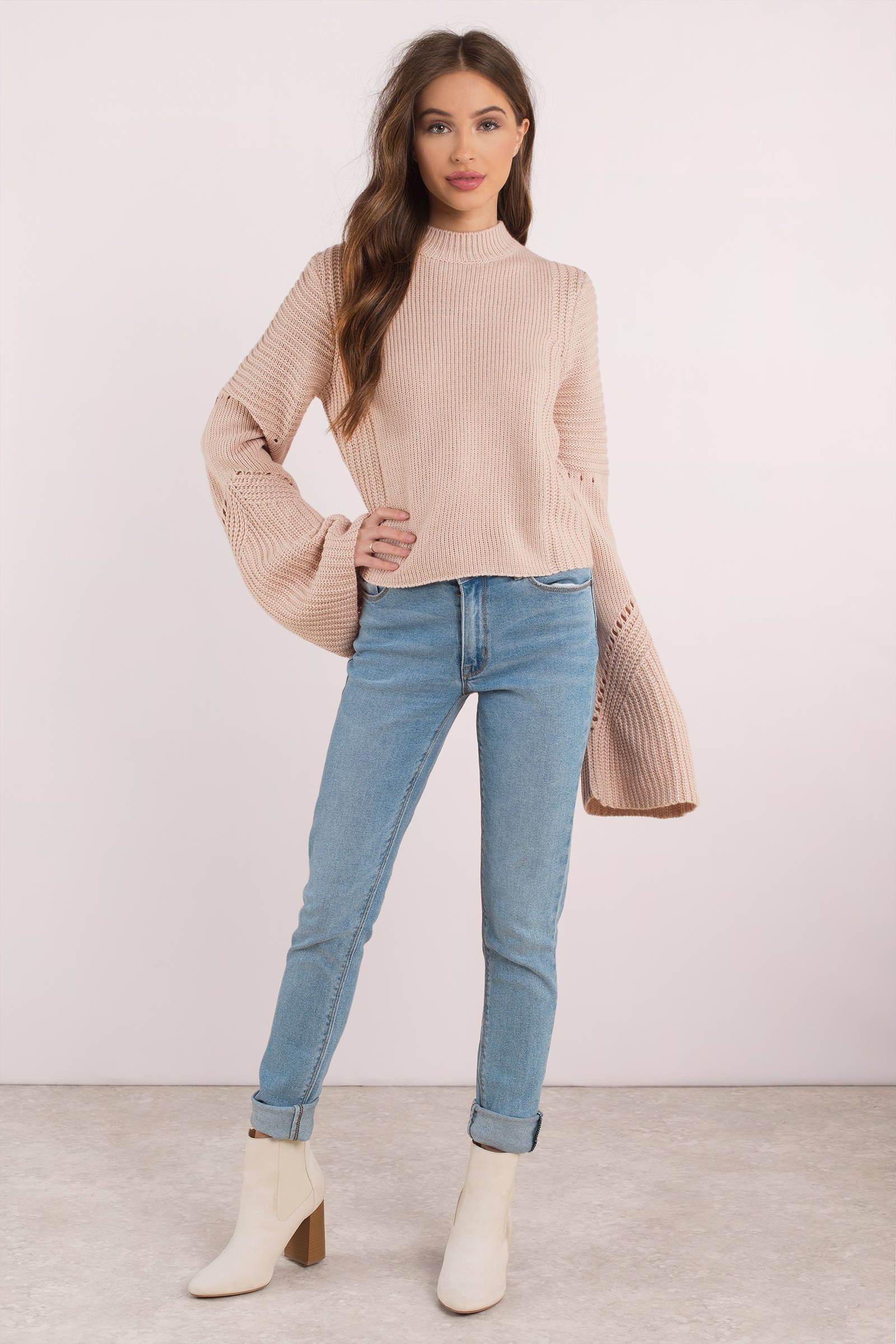 Pink Sweater - Flared Sleev Sweater - Rose Turtleneck Sweater
