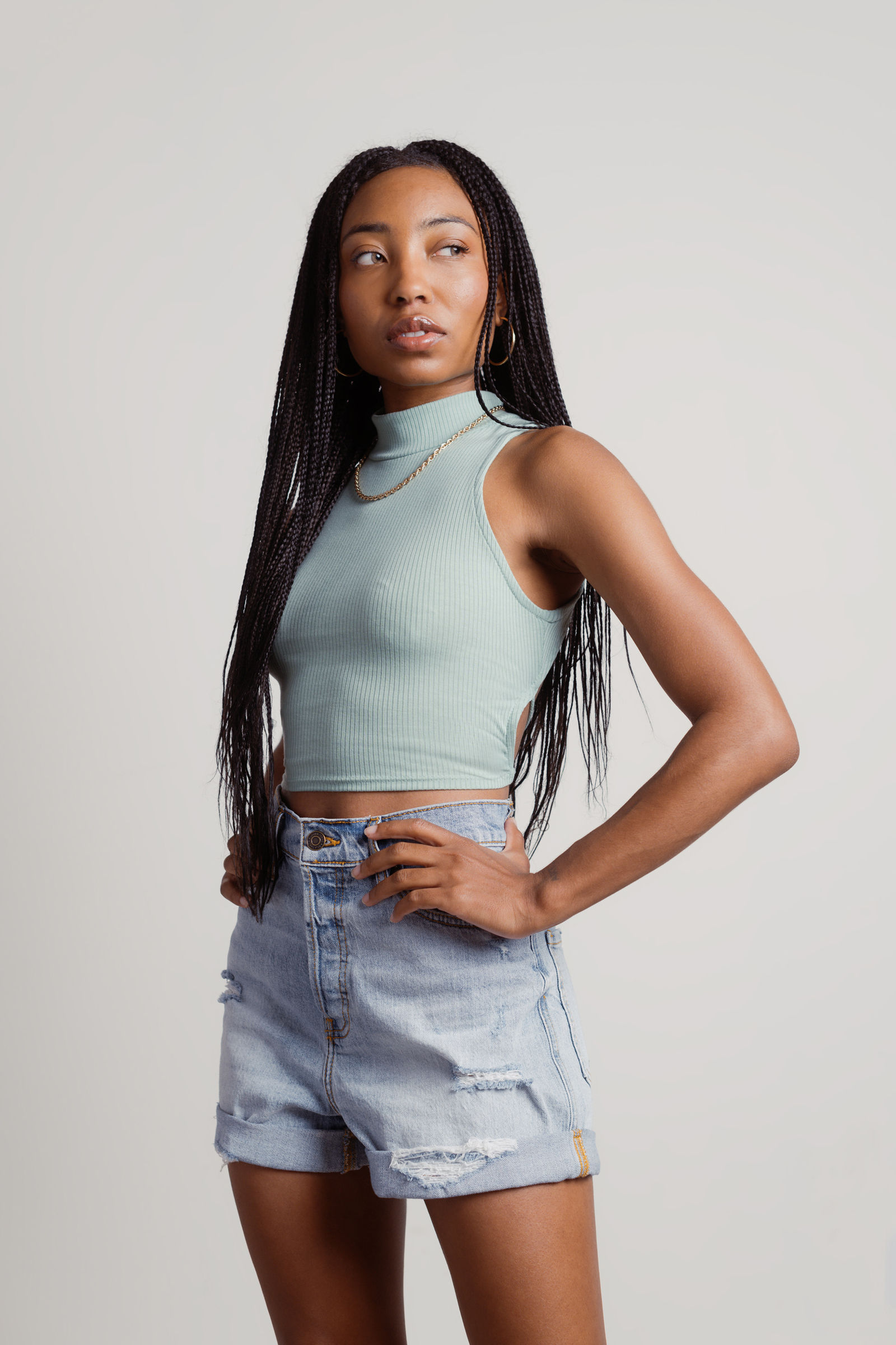 White Crop Top - Open Back Mock Neck Crop Top - Ribbed Back Strap Crop Top