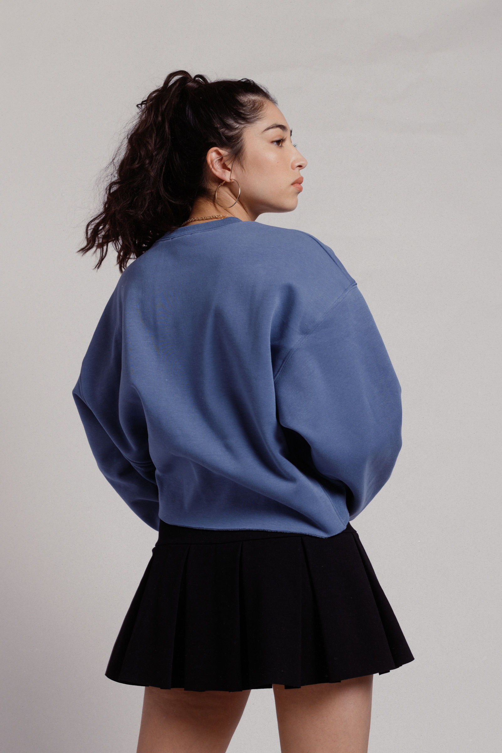 Slate Blue Oversized Sweatshirt - Side Ribbed Sweater - Raw Cut Hem Top