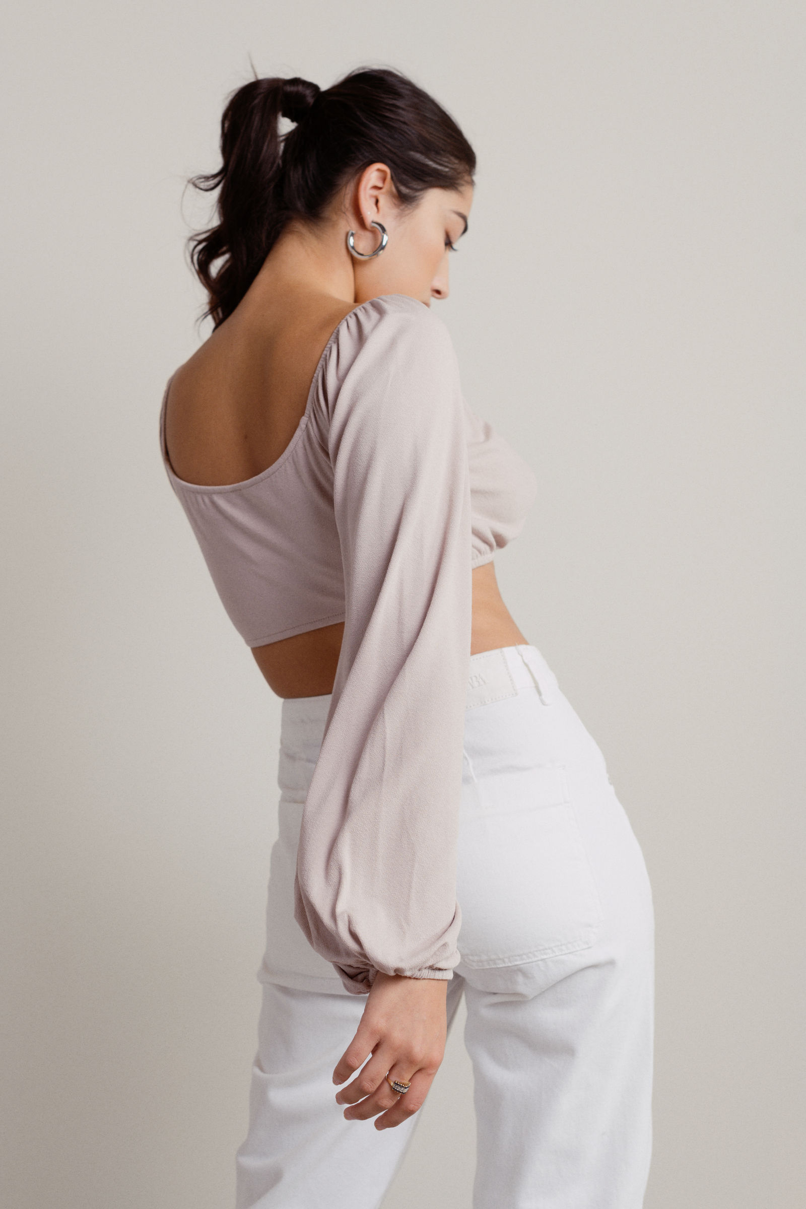Grey Crop Top - Front Tie Bra Crop Top - Taupe Long Sleeve Crop Top