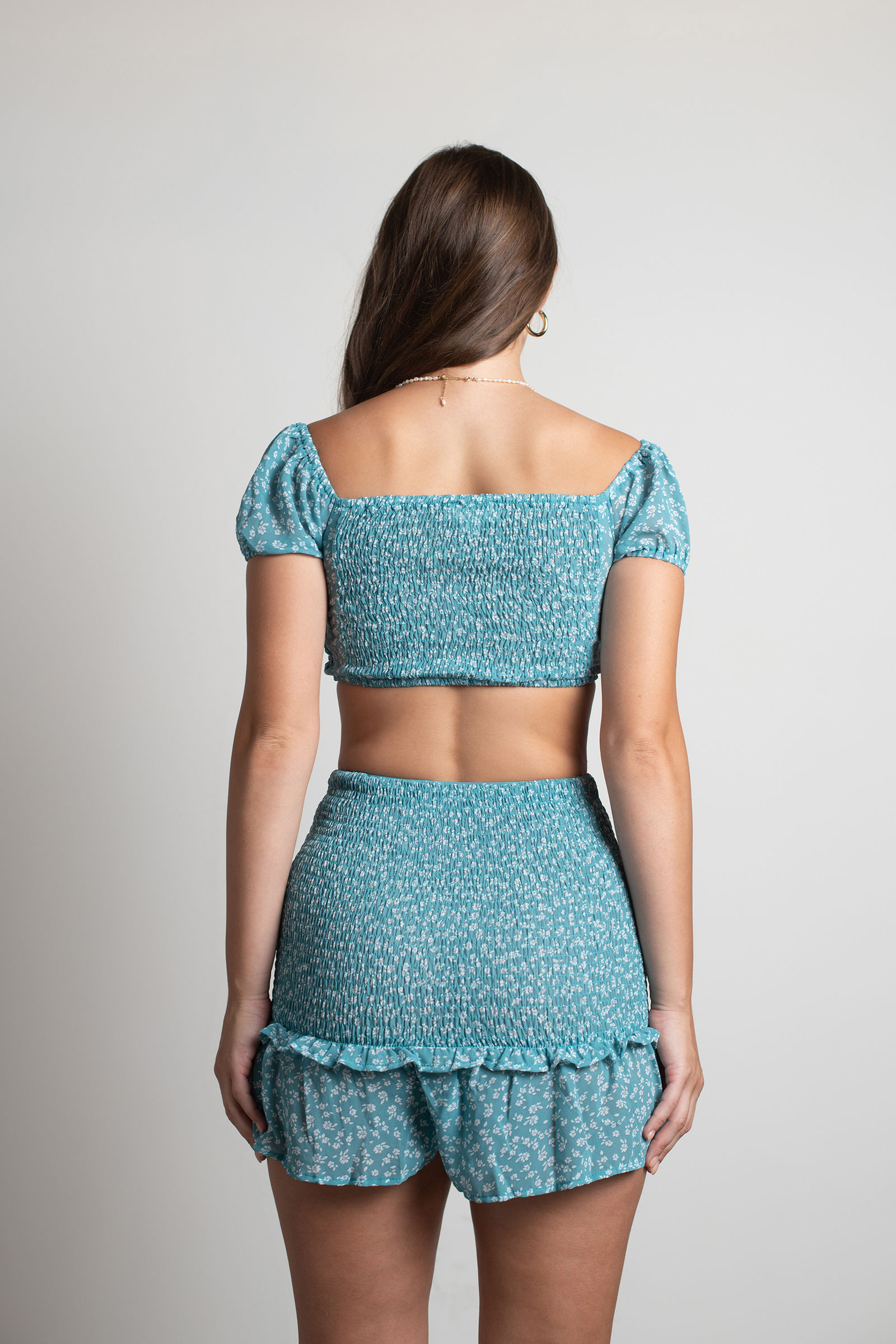 Teal Crop Top & Skirt Set - Off Shoulder Smocked Crop Top - Floral Skort