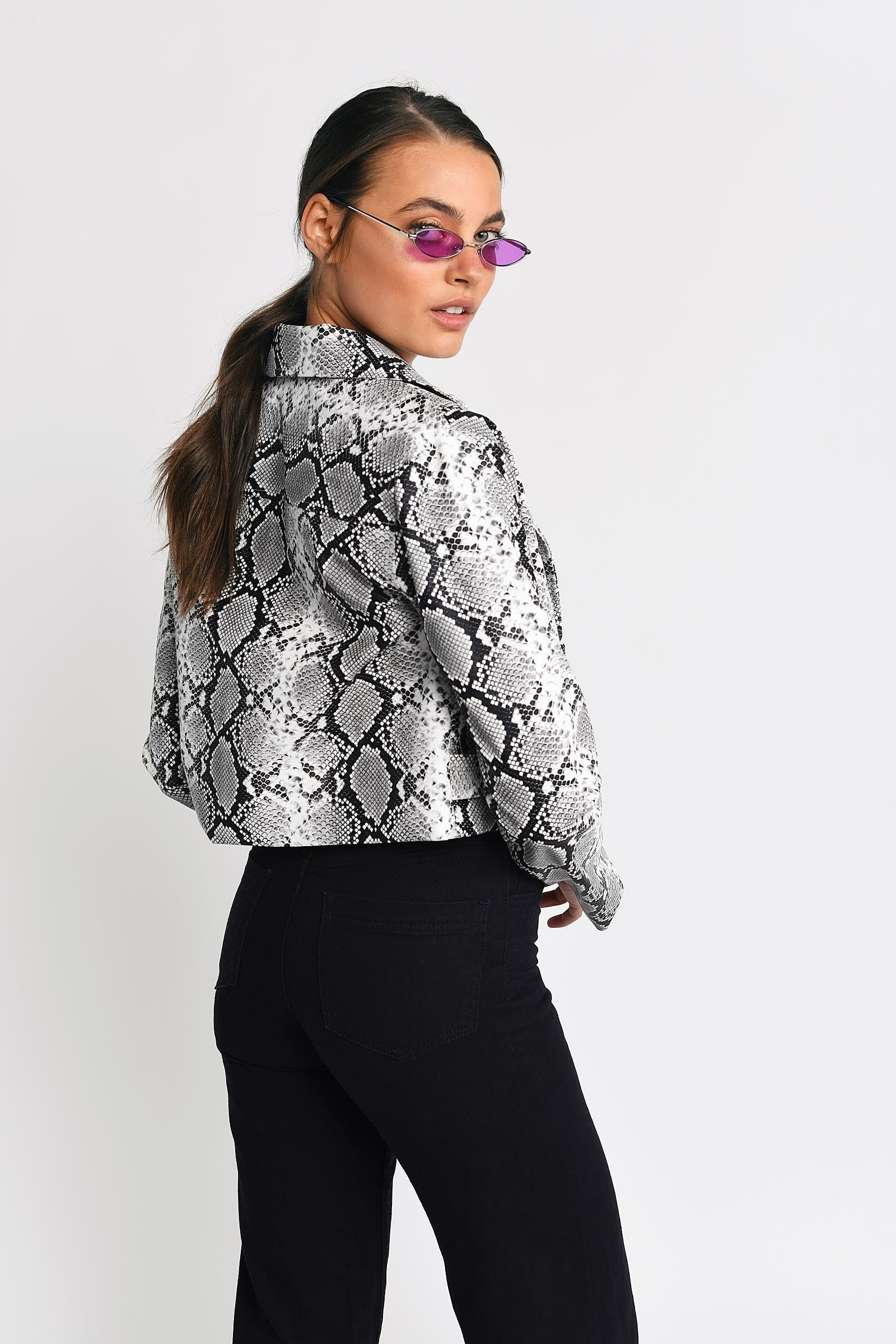 White Cropped Jacket - Vegan Leather Moto Jacket - White Snake Print Jacket