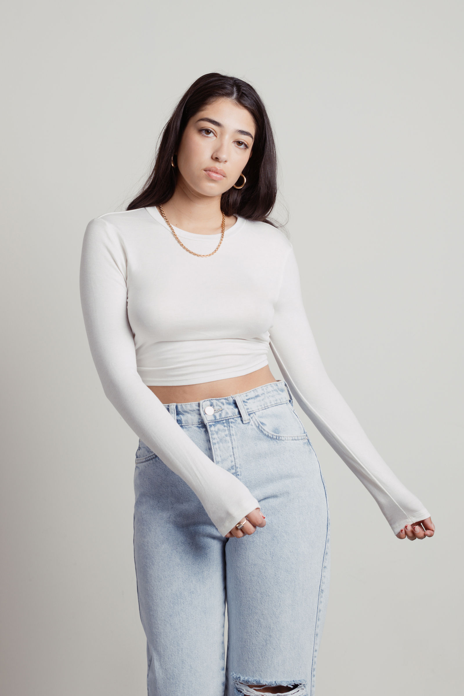 White Crop Top - Open Back Crop Top - Back Tie Long Sleeve Crop Top