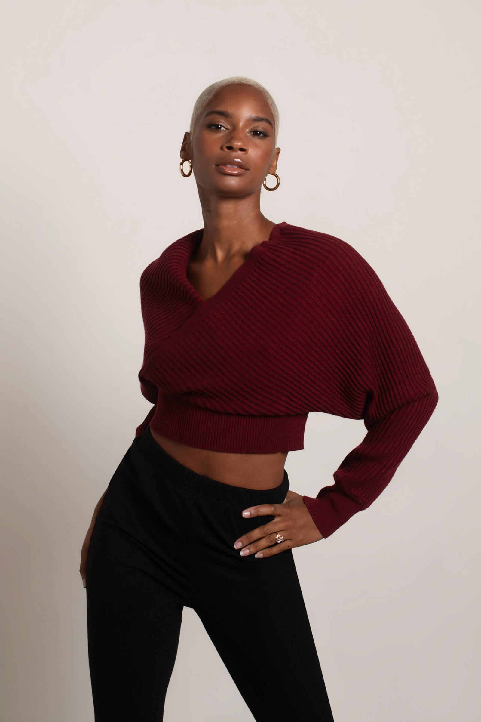 Red Sweater - Wrap Sweater With V-Neckline - Wine Ribbed Sweater