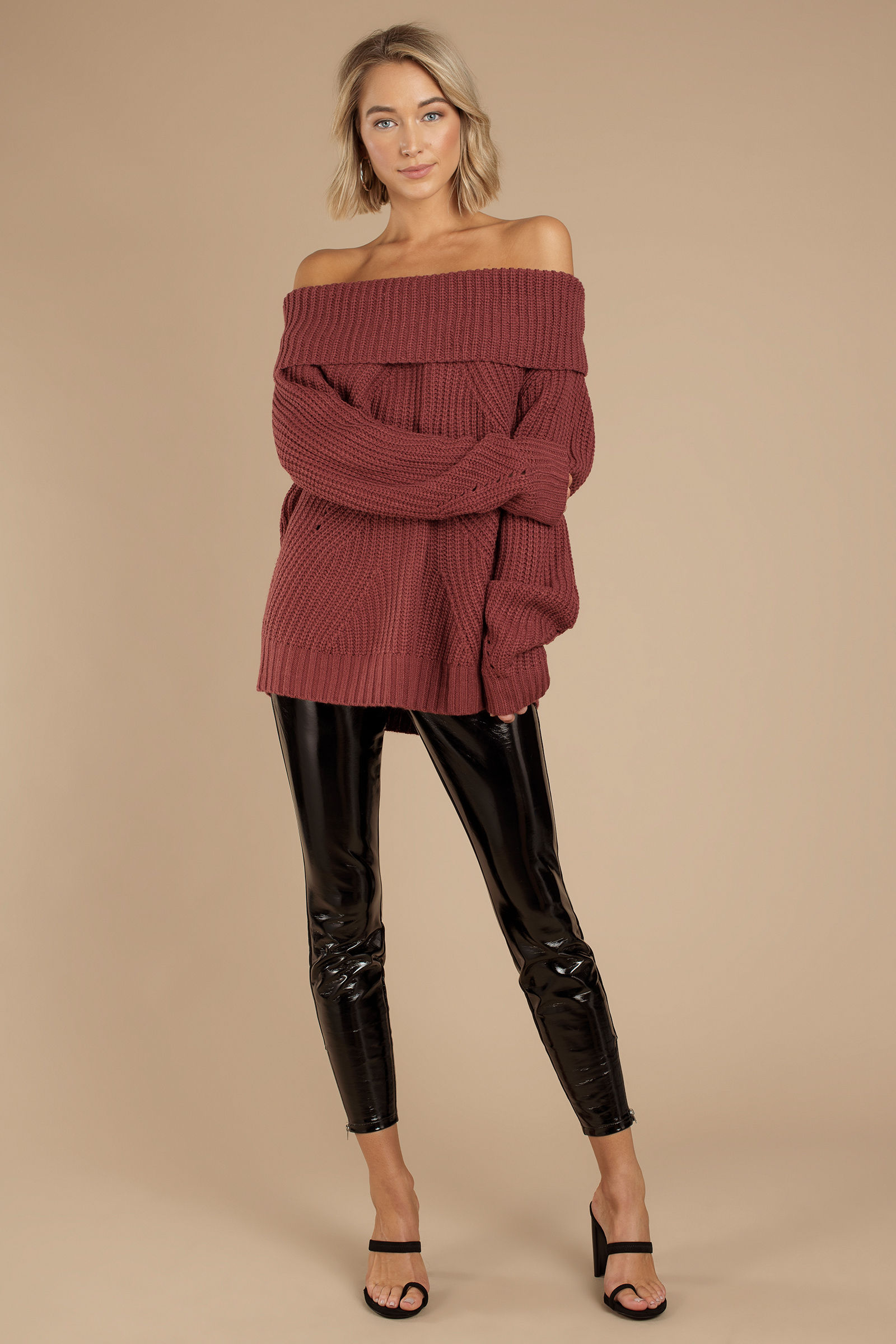Red Sweater - Off Shoulder Sweater - Wine Sweater